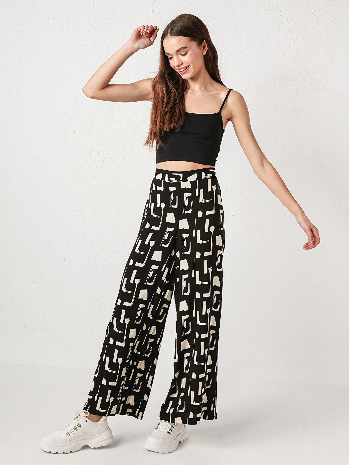 LCW CASUAL Beli Lastikli Baskılı Poplin Kadın Pantolon