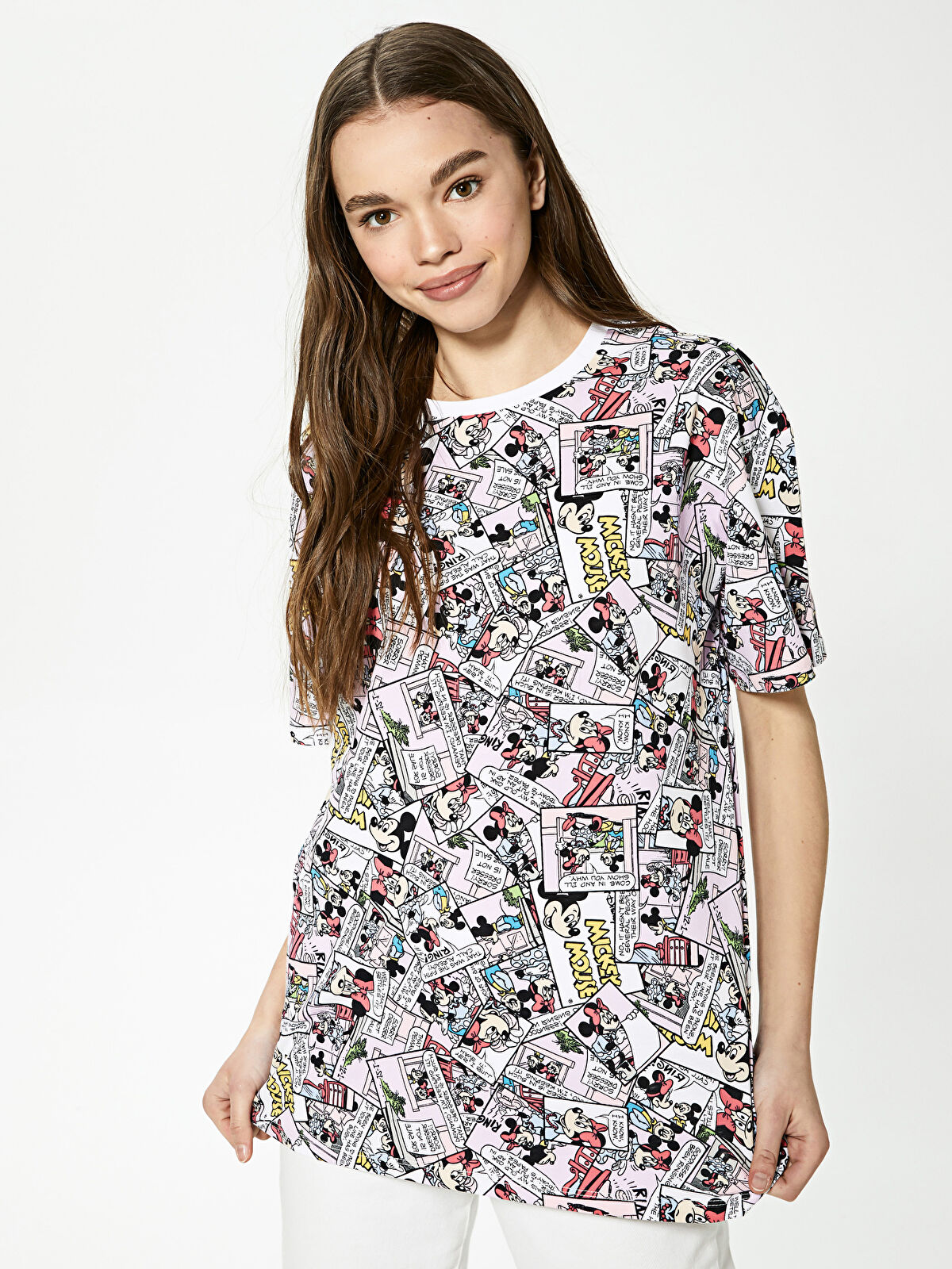 Bisiklet Yaka Mickey Mouse Baskılı Kısa Kollu Pamuklu Kadın Tişört Anne Kız Kombini