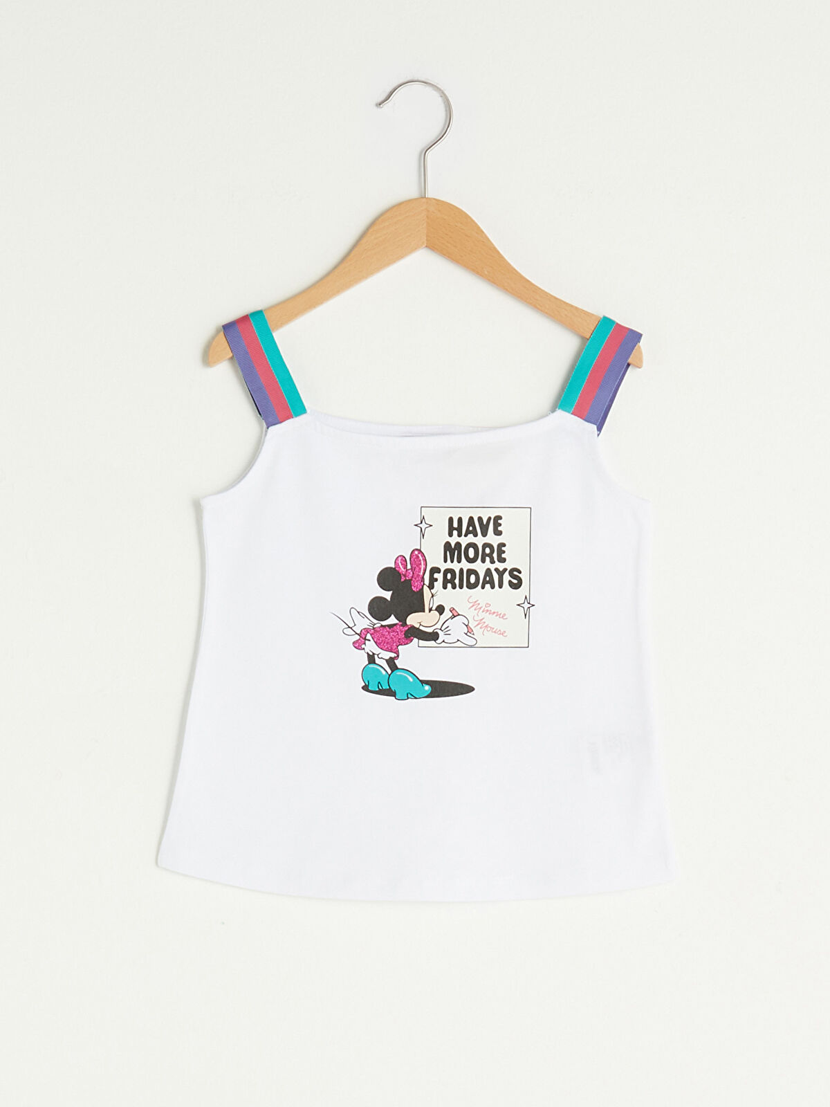 Kare Yaka Renkli Askılı Minnie Mouse Baskılı Pamuklu Kız Çocuk Atlet