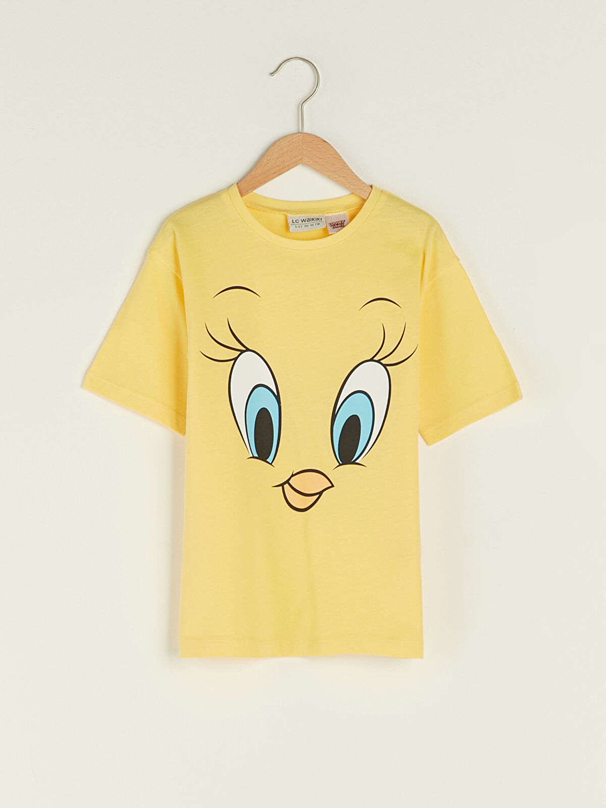 Bisiklet Yaka Tweety Baskılı Kısa Kollu Pamuklu Kız Çocuk Tişört