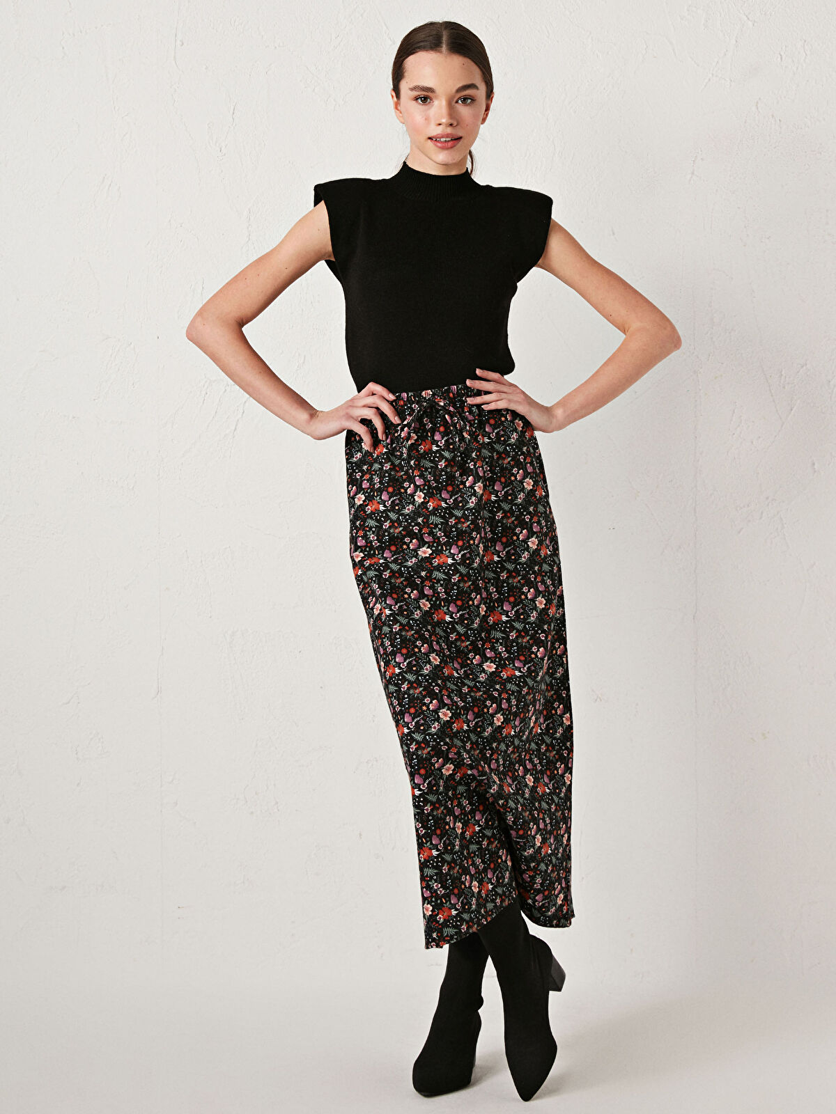 LCW GRACE Beli Lastikli Çiçek Desenli Kadın Poplin Etek