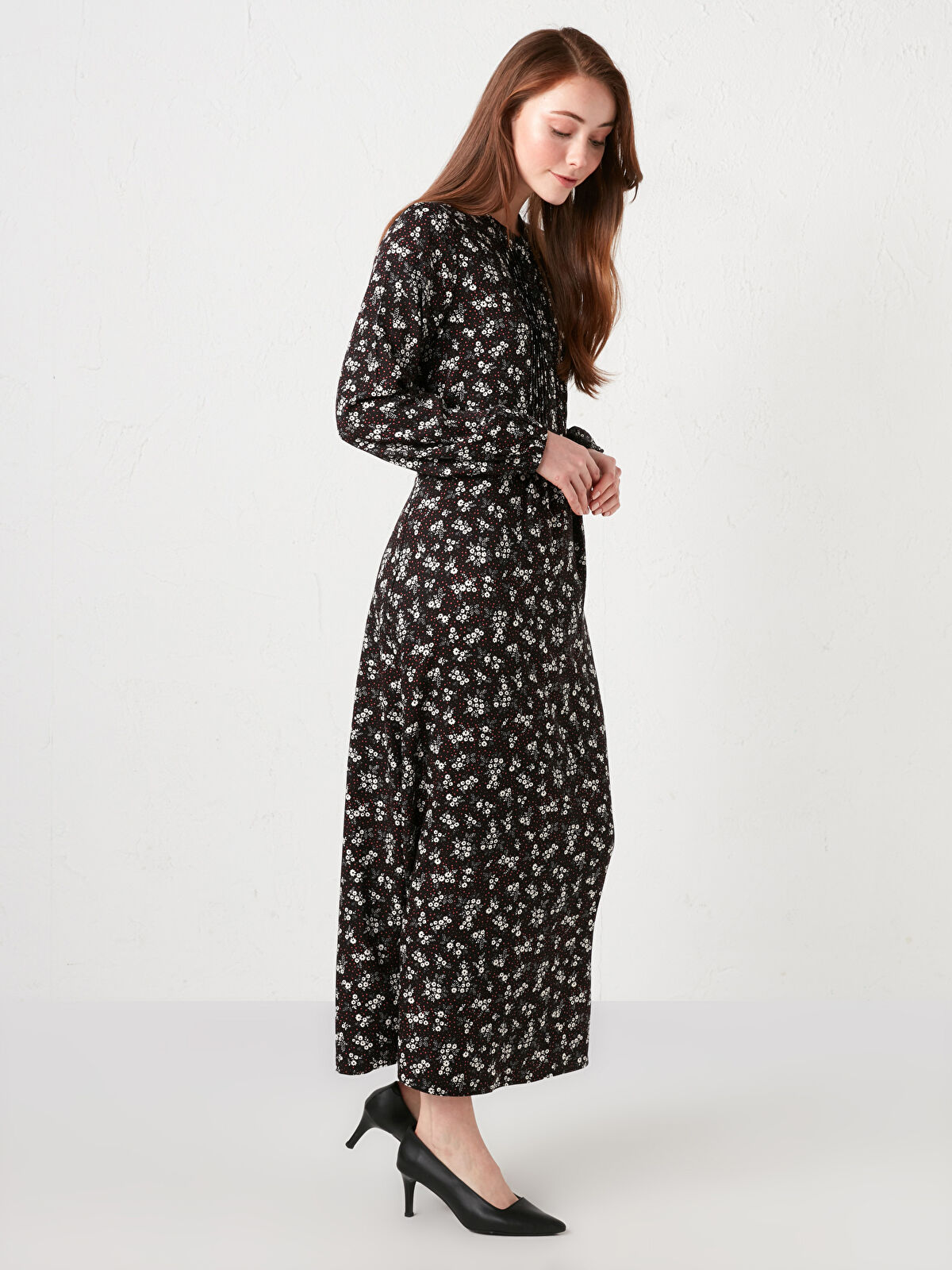 LCW GRACE Hakim Yaka Çiçek Baskılı Uzun Kollu Belmando Kumaş Kadın Elbise