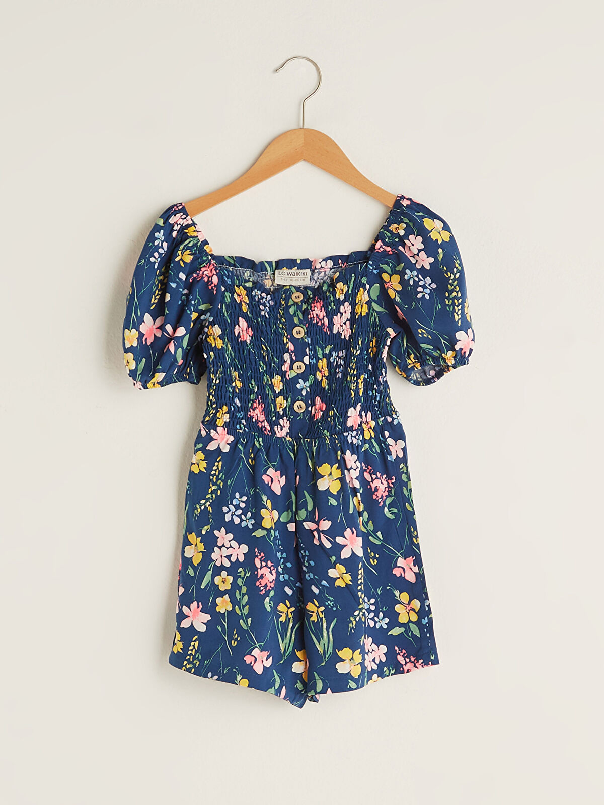 Kare Yaka Desenli Kısa Kollu Viskon Kız Çocuk Şortlu Tulum