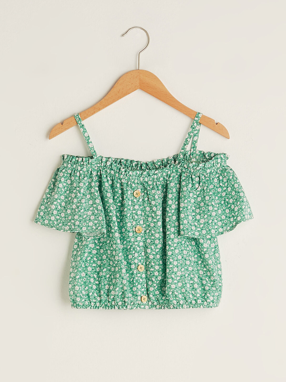 Desenli Omuzu Açık Kısa Kollu Viskon Kız Çocuk Bluz