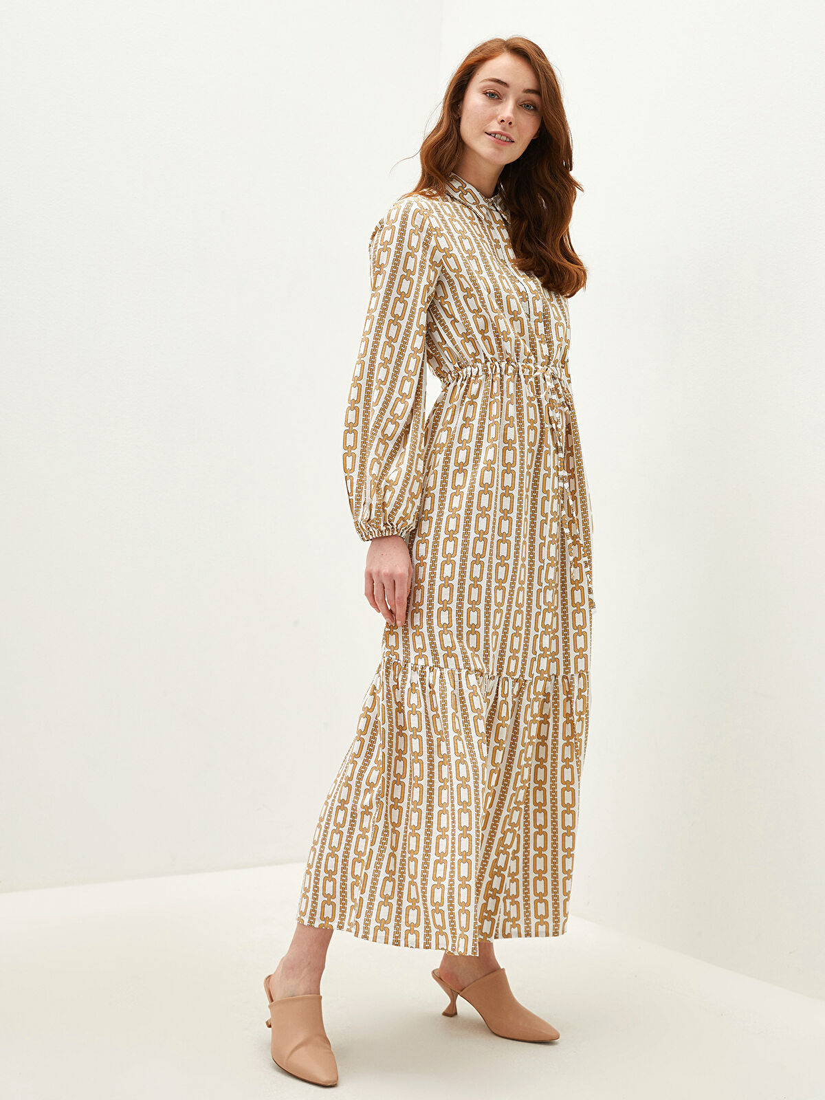 MODEST Düğmeli Gömlek Yaka Desenli Uzun Kollu Kadın Elbise