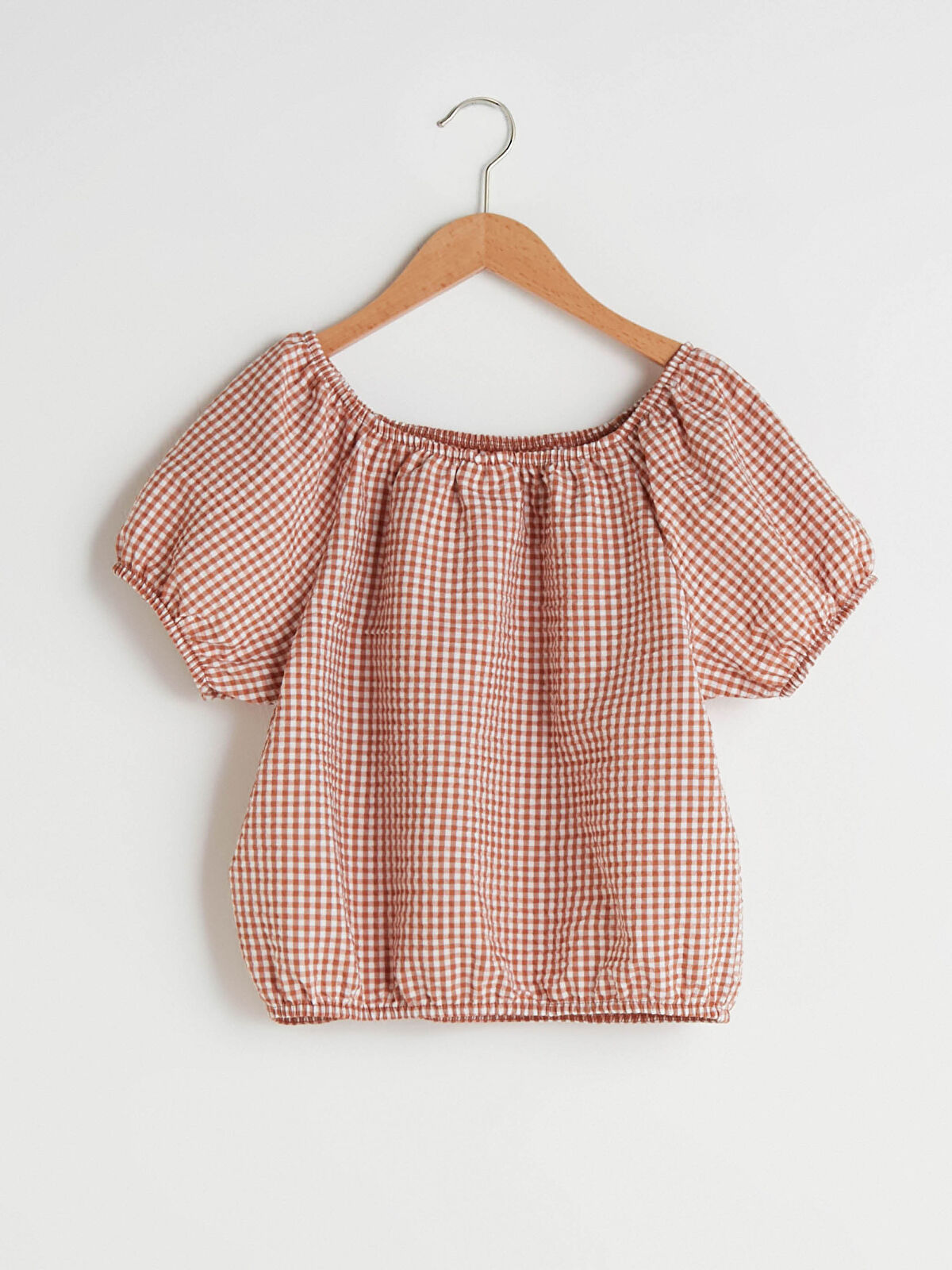 Bisiklet Yaka Kareli Kısa Kollu Poplin Kız Çocuk Bluz