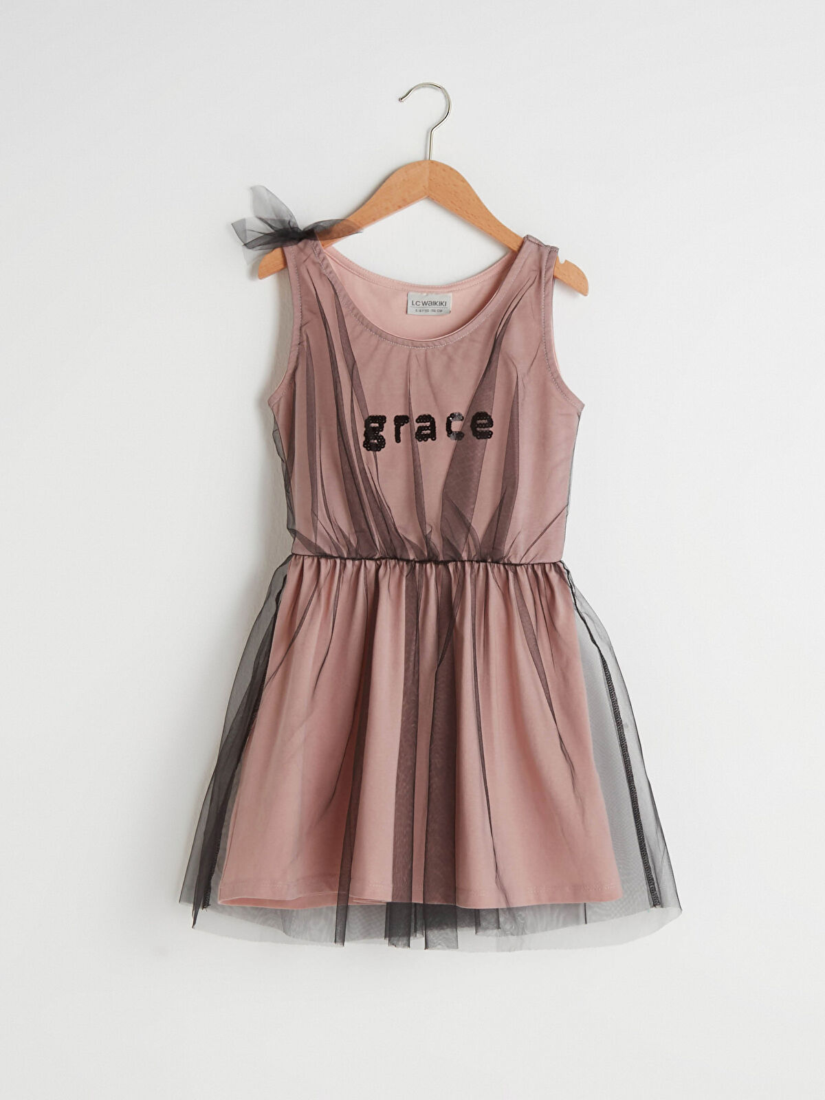 Bisiklet Yaka Pul İşlemeli Kız Çocuk Tüllü Elbise