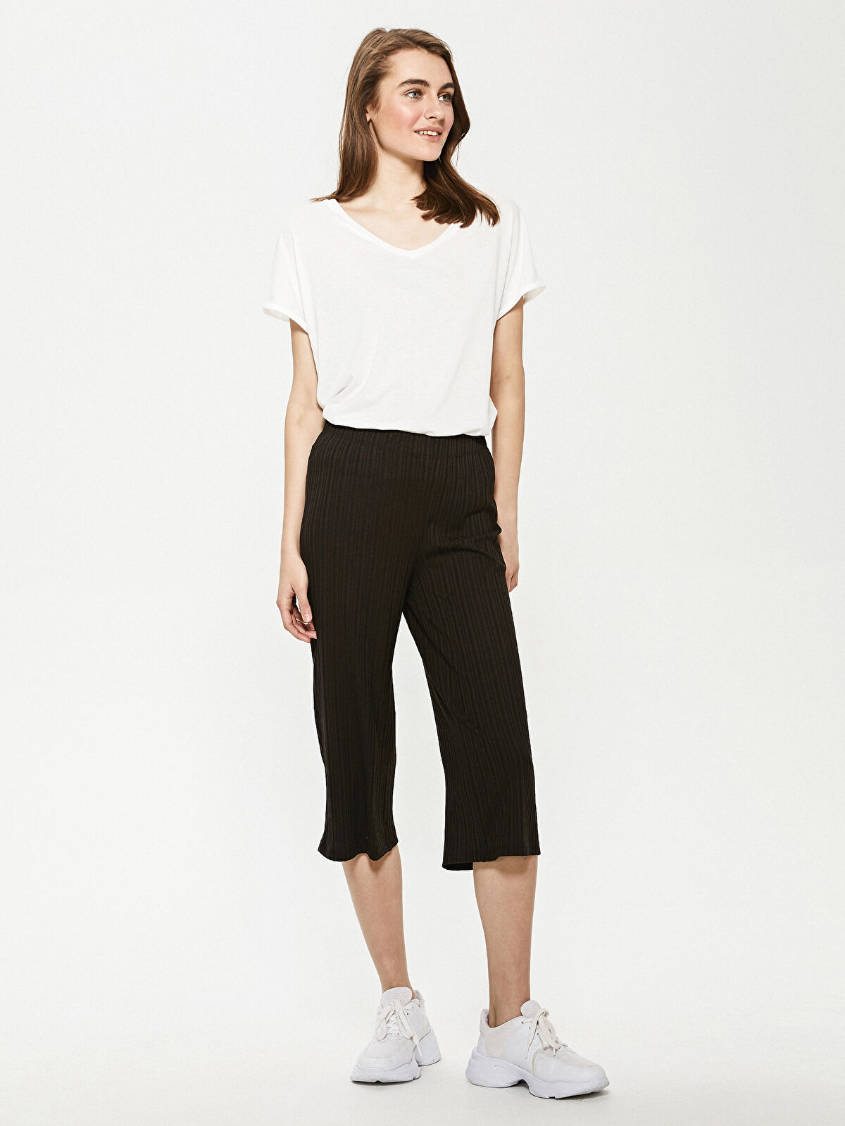 LCW BASIC Beli Lastikli Çizgili Kaşkorse Kumaştan Kadın Capri