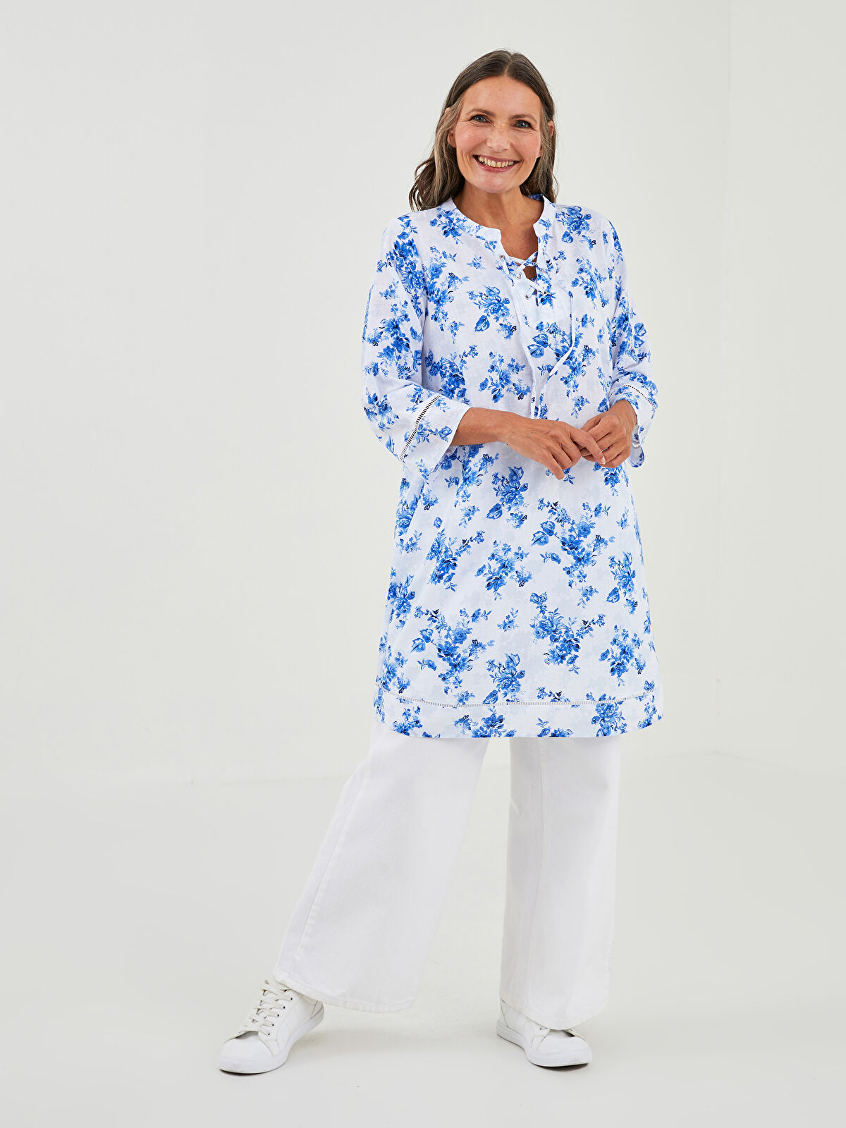 LCW GRACE Bağlamalı Yaka Çiçek Baskılı Yarım Kollu Pamuklu Kadın Tunik