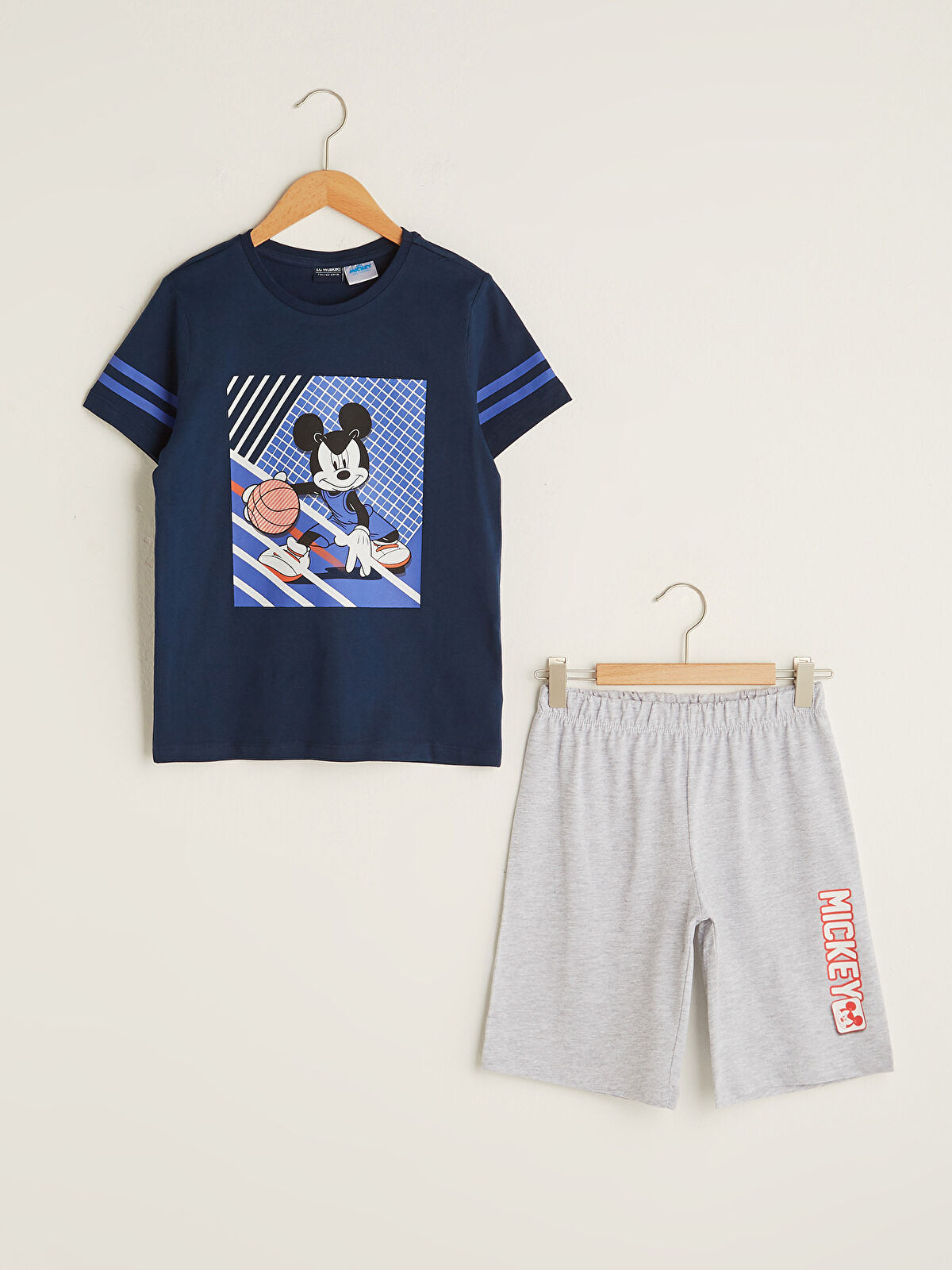 Bisiklet Yaka Mickey Mouse Baskılı Kısa Kollu Erkek Çocuk Pijama Takımı
