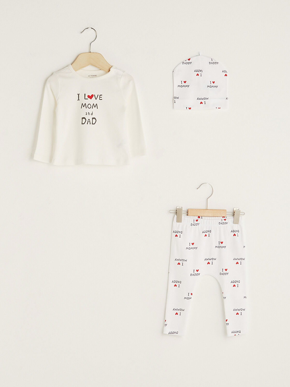 Bisiklet Yaka Uzun Kollu Baskılı Kız Bebek Tişört Pantolon ve Bere 3'lü Takım