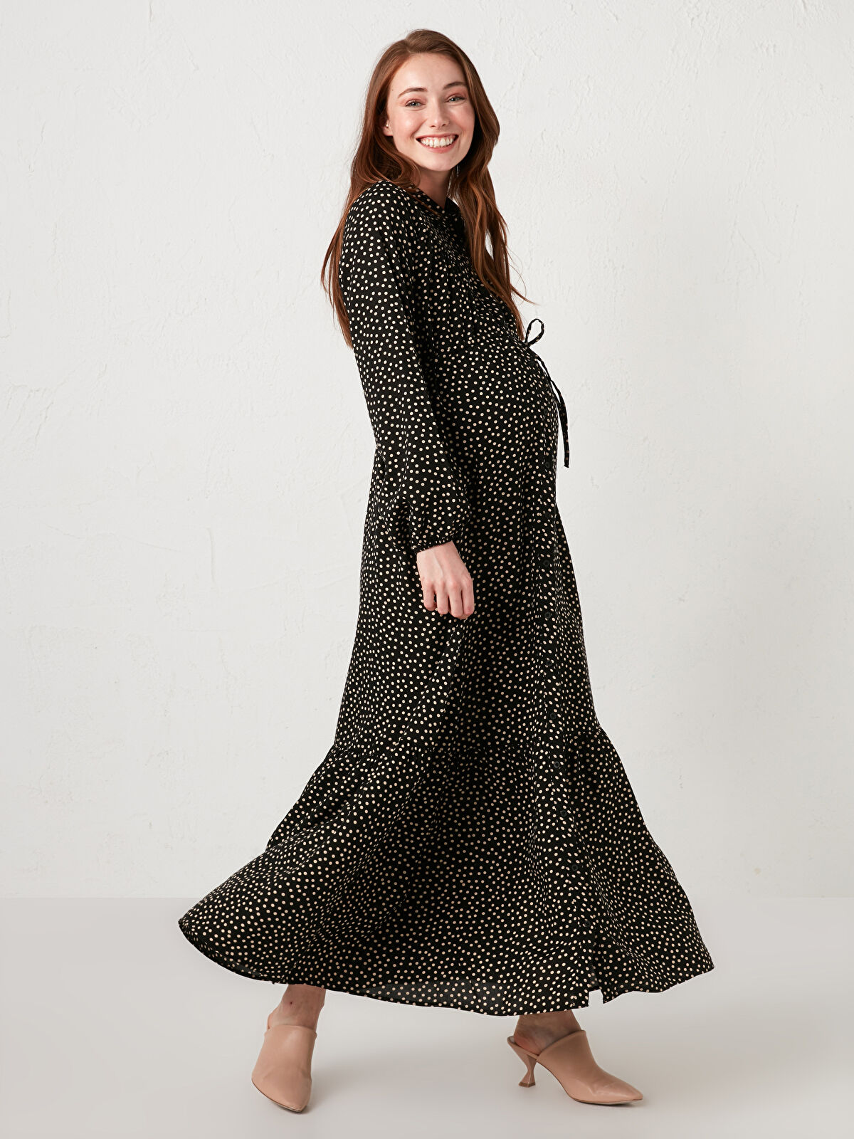 Gömlek Yaka Puantiyeli Uzun Kollu Emzirme Özellikli Hamile Elbise