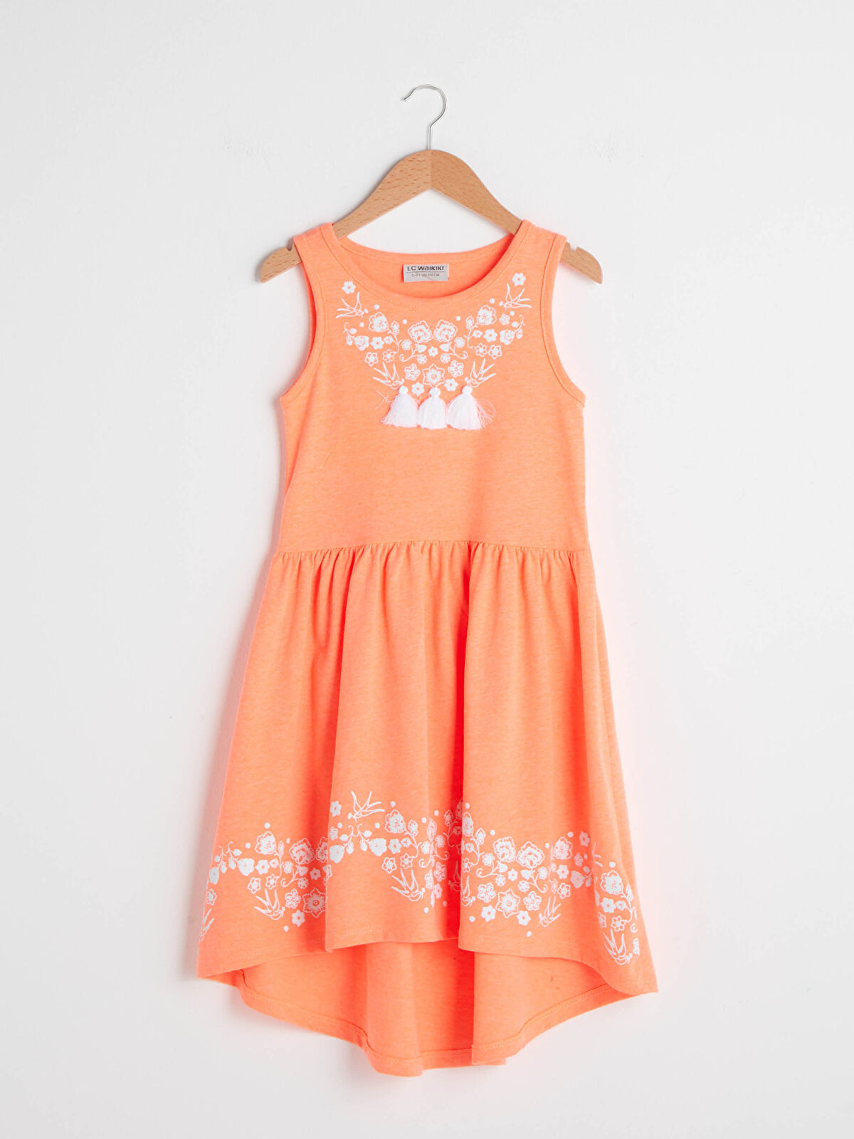 Bisiklet Yaka Baskılı Püskül Detaylı Pamuklu Kız Çocuk Elbise