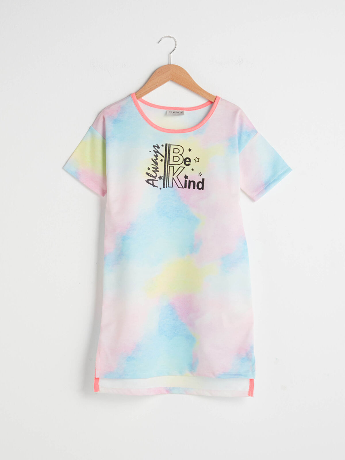 Bisiklet Yaka Baskılı Batik Desenli Kısa Kollu Kız Çocuk Elbise