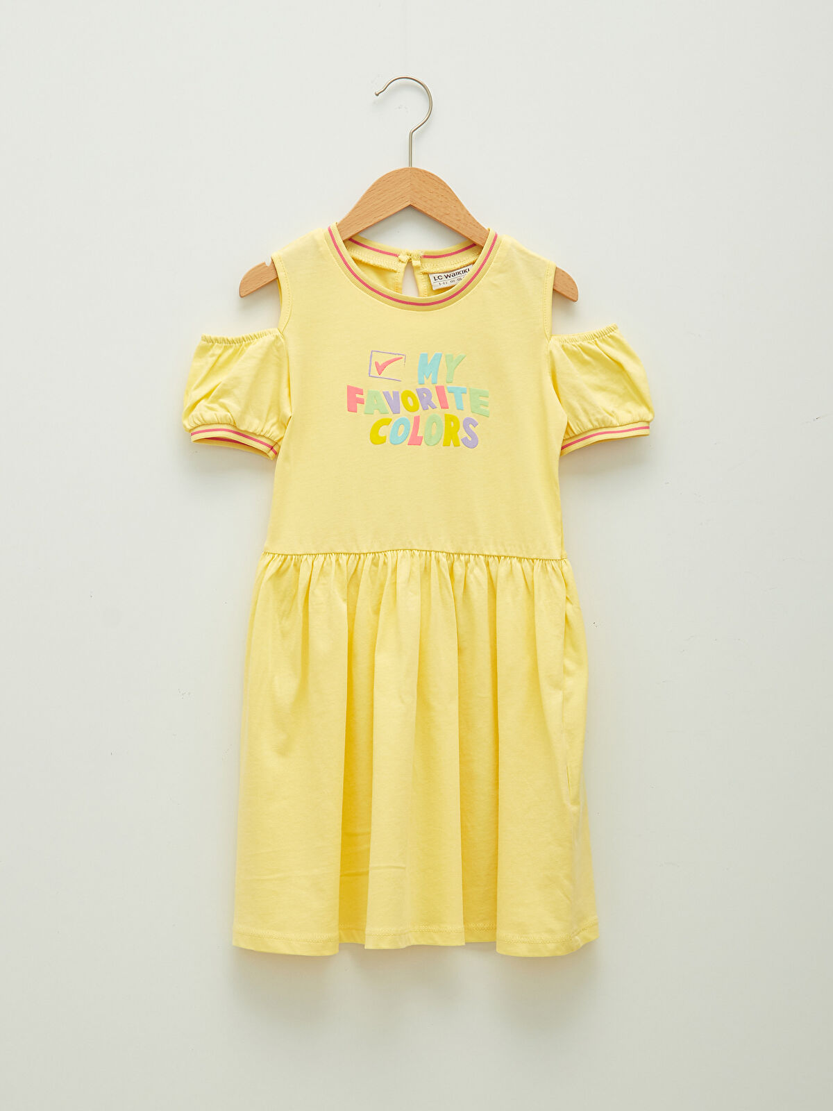 Bisiklet Yaka Baskılı Omuzu Açık Kısa Kollu Pamuklu Kız Çocuk Elbise