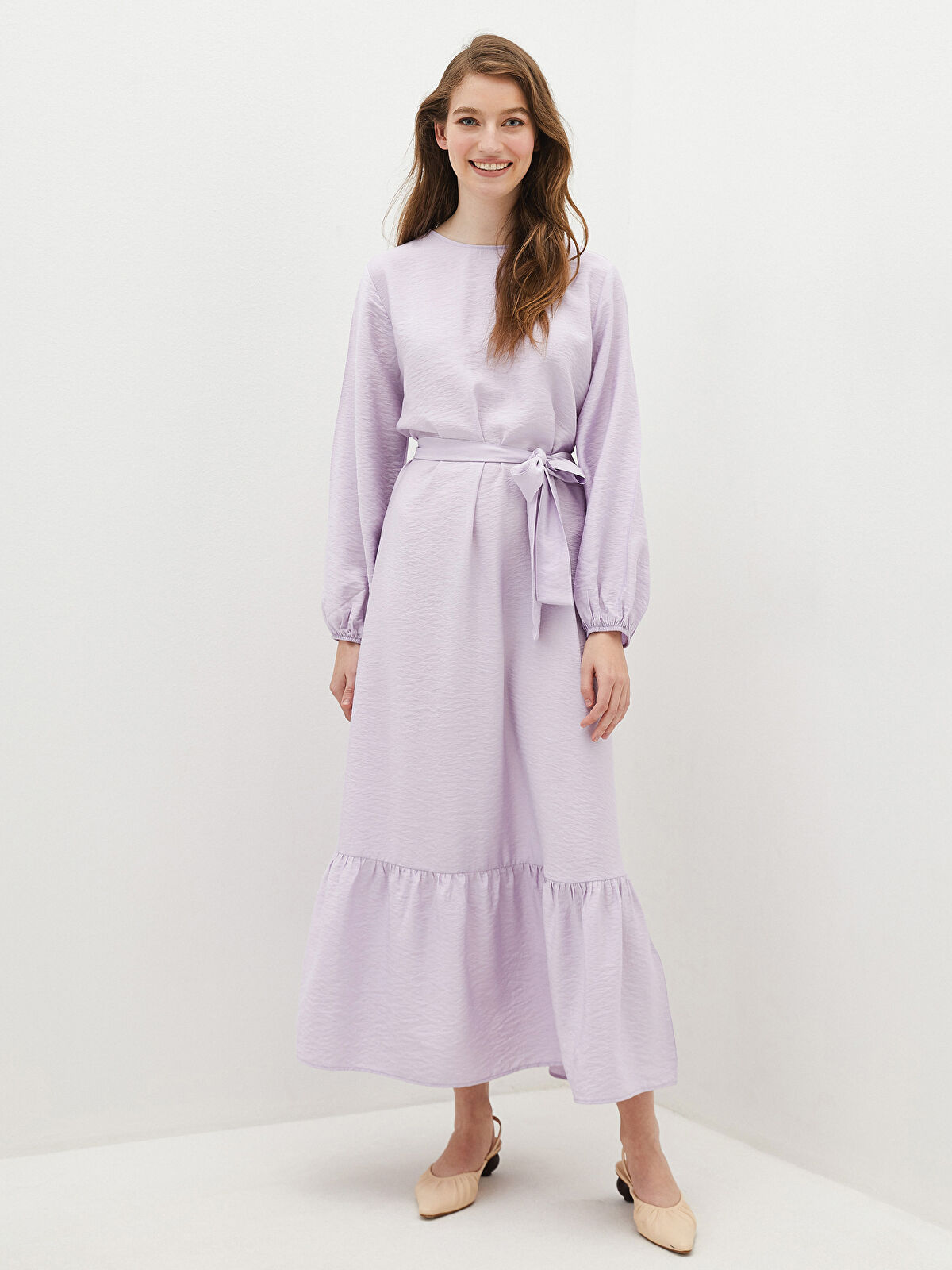 Bisiklet Yaka Düz Uzun Kollu Beli Bağlama Detaylı Kadın Elbise