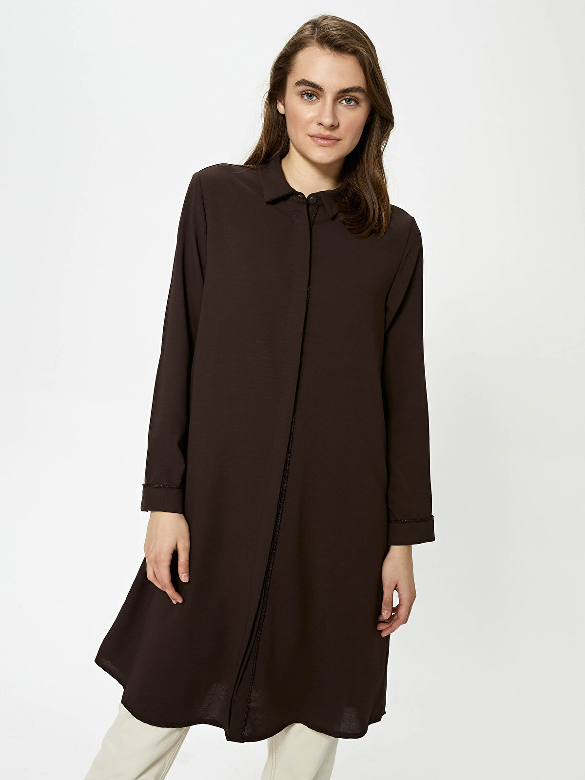 LCW GRACE Gömlek Yaka Düz Uzun Kollu Şifon Kadın Tunik