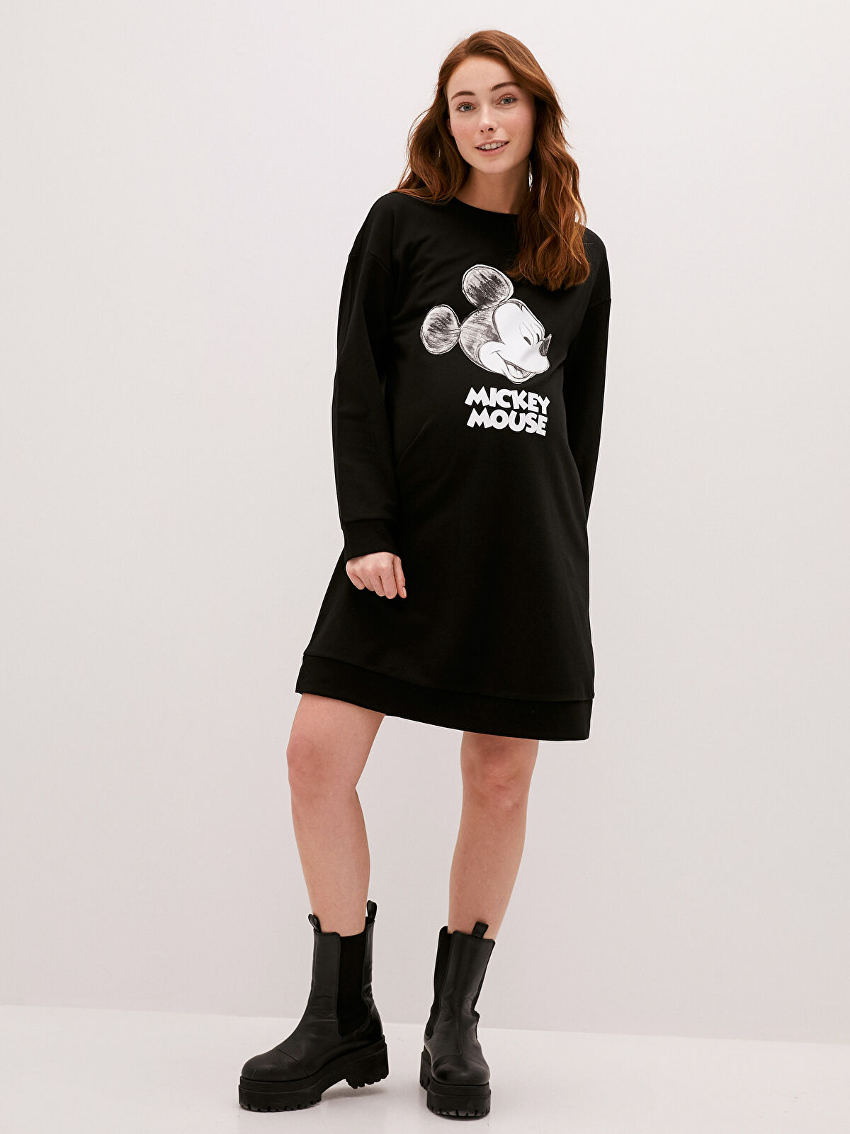 Bisiklet Yaka Mickey Mouse Baskılı Uzun Kollu Hamile Elbise