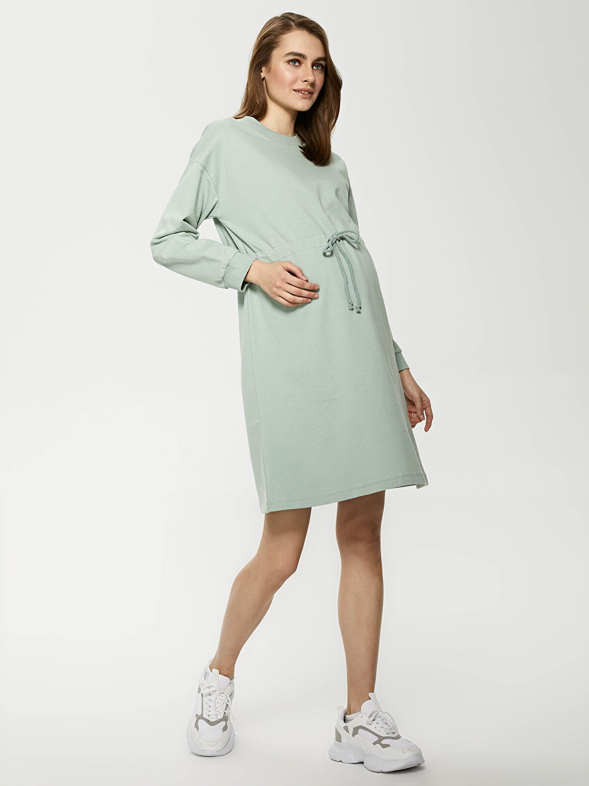 Bisiklet Yaka Beli Bağlama Detaylı Uzun Kollu Hamile Elbise Bisiklet Yaka Beli Bağlama Detaylı Uzun Kollu Hamile Elbise