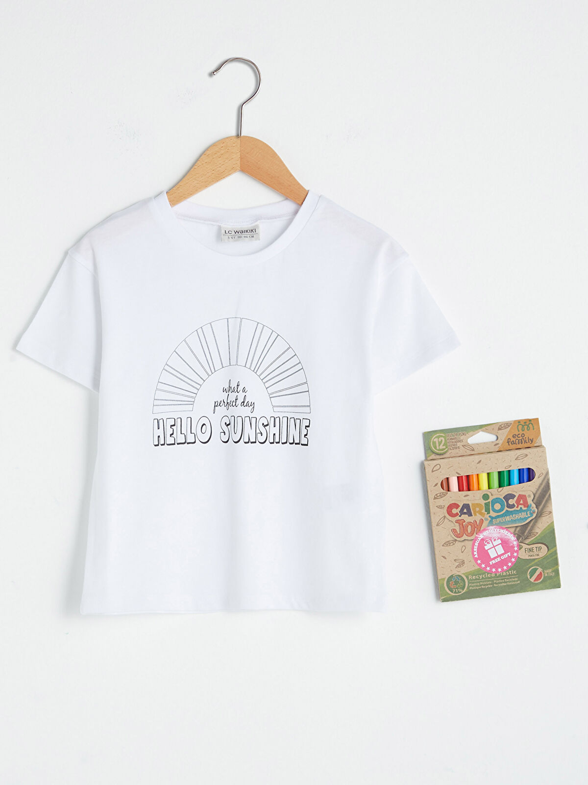 Bisiklet Yaka Baskılı Kısa Kollu Kız Çocuk Tişört ve Boya Kalemi