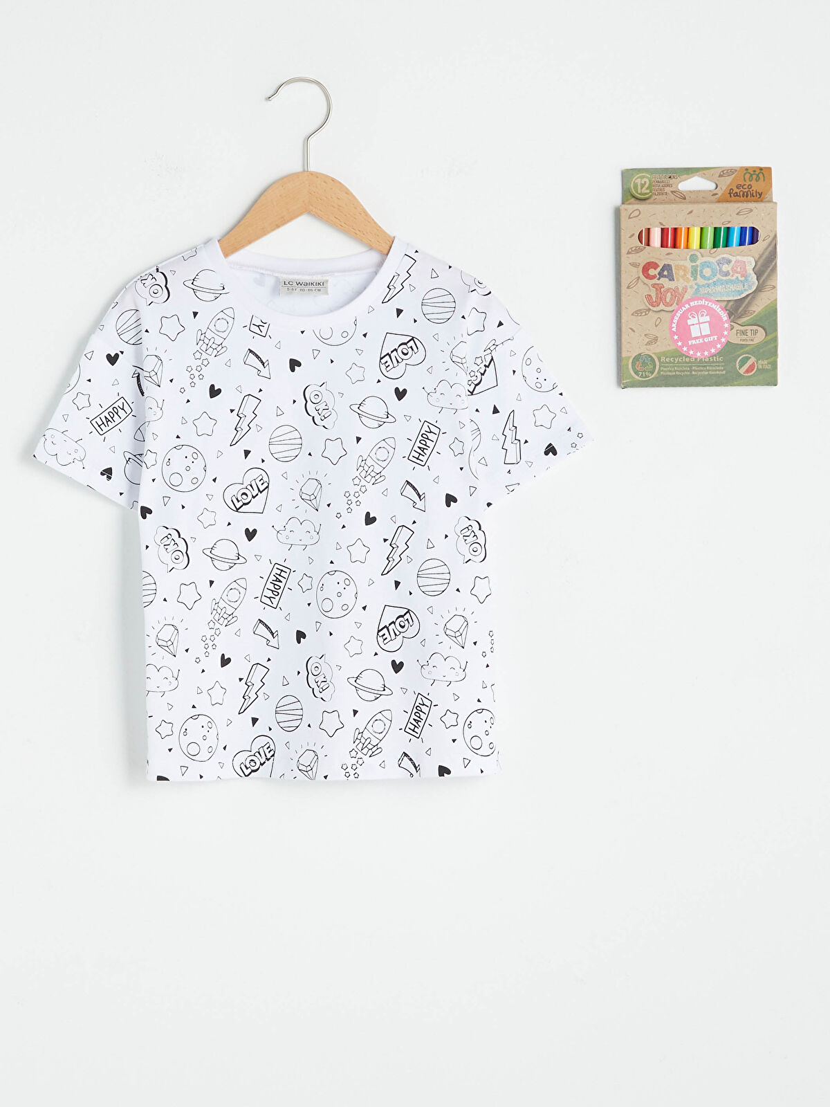 Bisiklet Yaka Baskılı Kısa Kollu Kız Çocuk Tişört ve Boya Kalemi