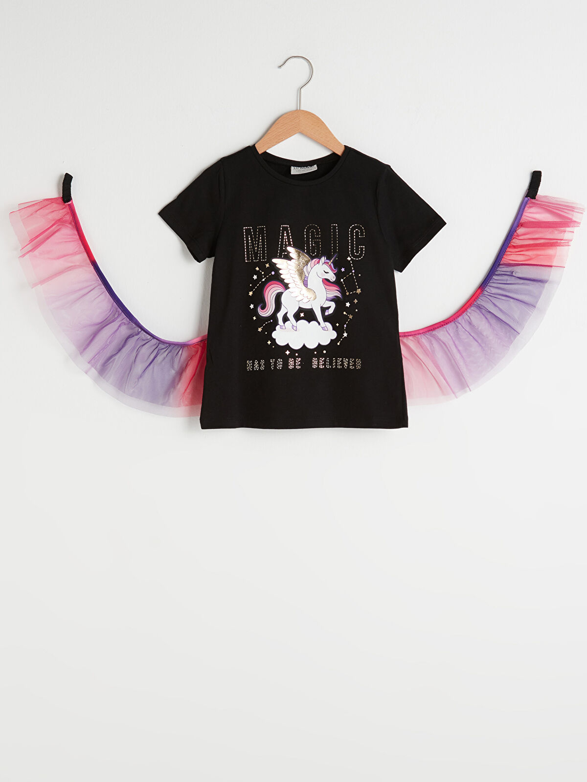 Bisiklet Yaka Baskılı Kısa Kollu Kız Çocuk Pamuklu Tişört ve Renkli Tül Kanat