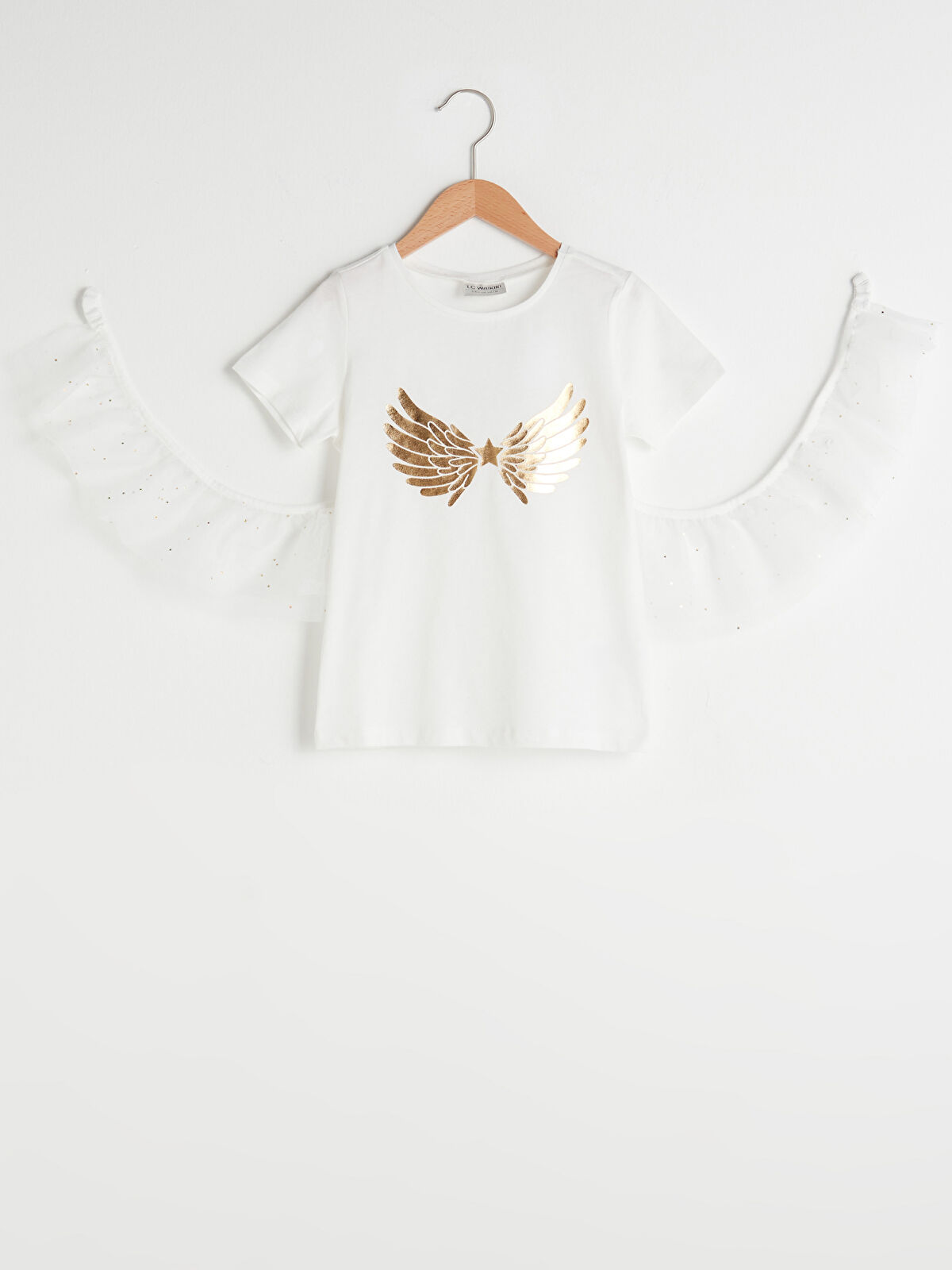 Bisiklet Yaka Baskılı Kısa Kollu Pamuklu Kız Çocuk Tişört ve Tül Kanat
