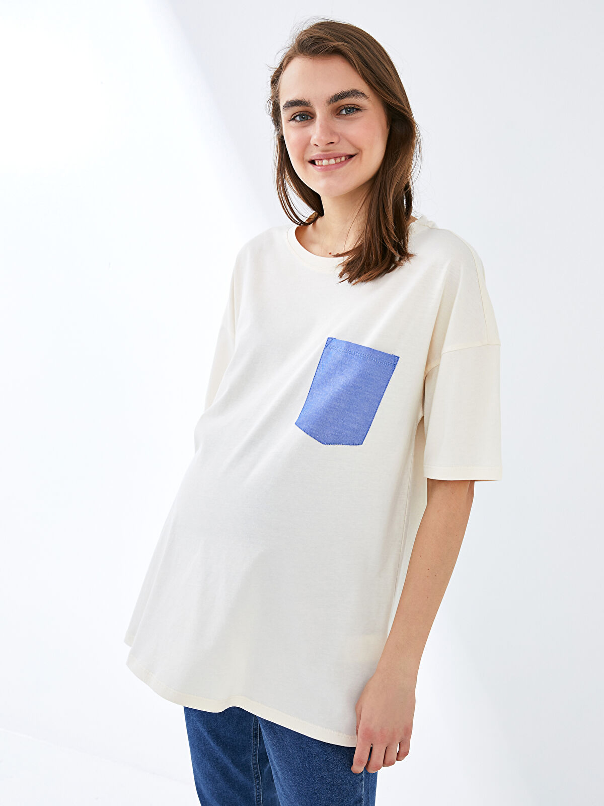 Bisiklet Yaka Mickey Mouse Baskılı Kısa Kollu Pamuklu Hamile Tişört