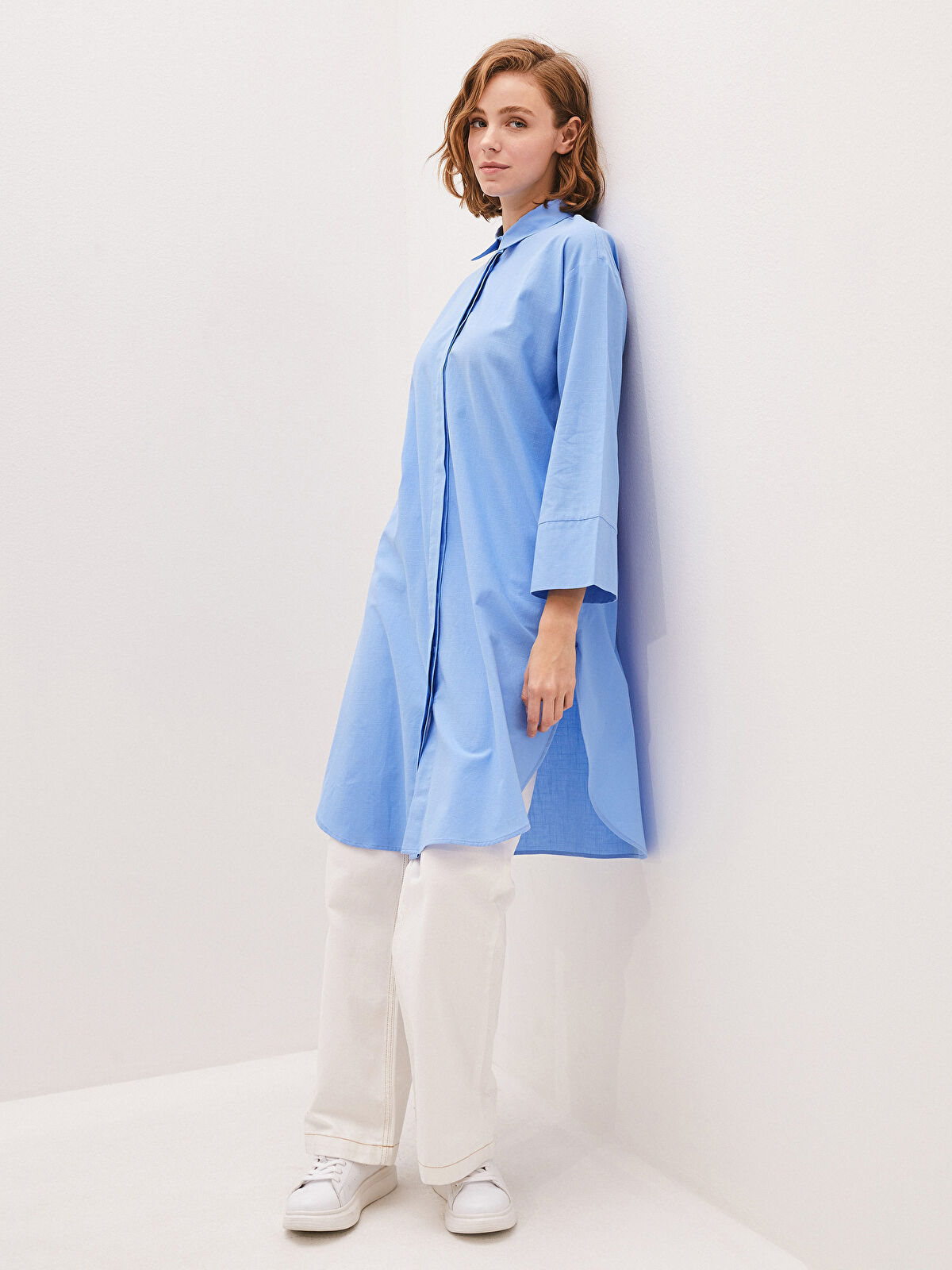 MODEST Gömlek Yaka Düz Oversize Pamuklu Kadın Tunik