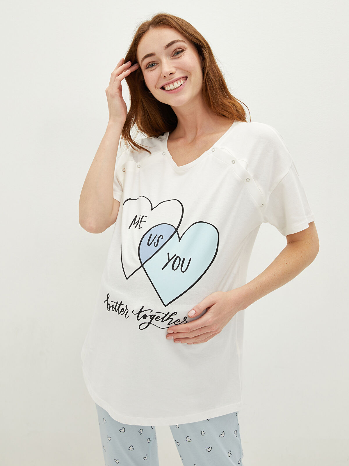 LCW DREAM Bisiklet Yaka Baskılı Kısa Kollu Pamuklu Hamile Pijama Takımı