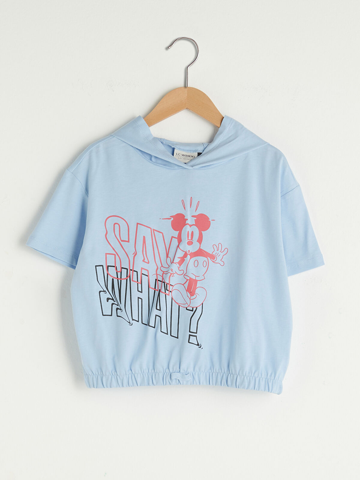 Kapüşonlu Mickey Mouse Baskılı Kısa Kollu Pamuklu Kız Çocuk Tişört