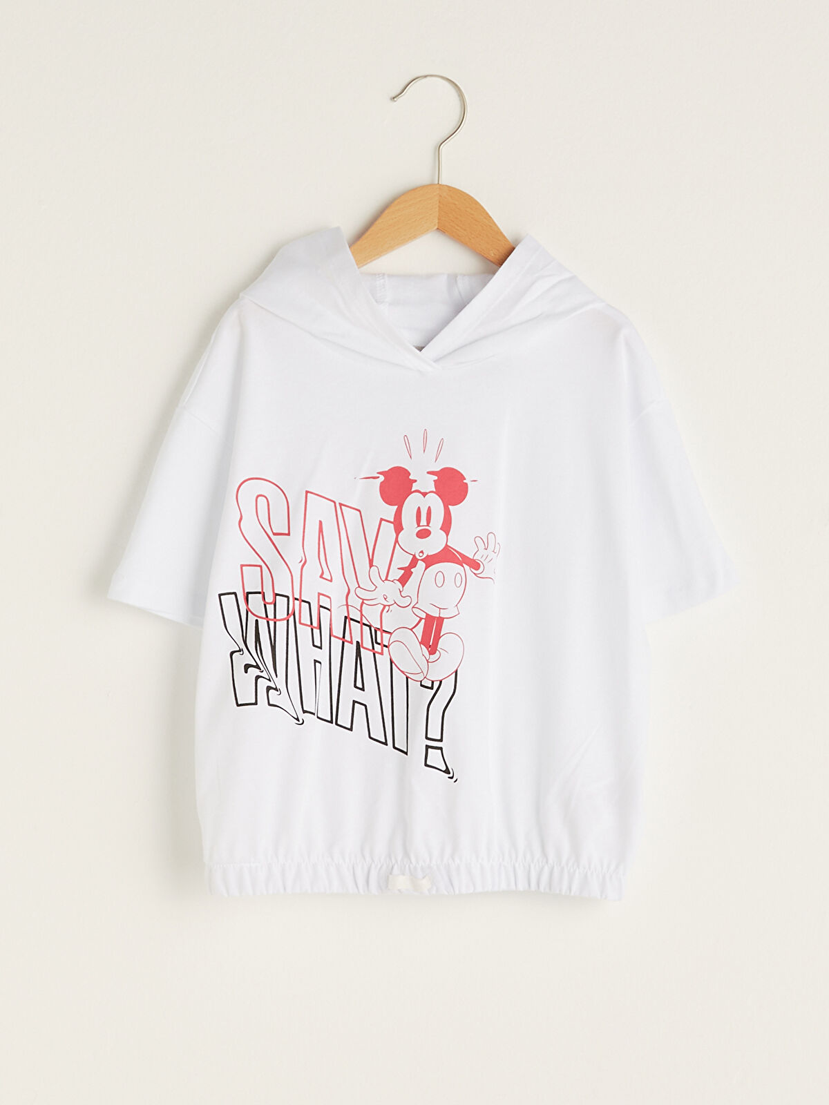 Kapüşonlu Mickey Mouse Baskılı Kısa Kollu Pamuklu Kız Çocuk Tişört