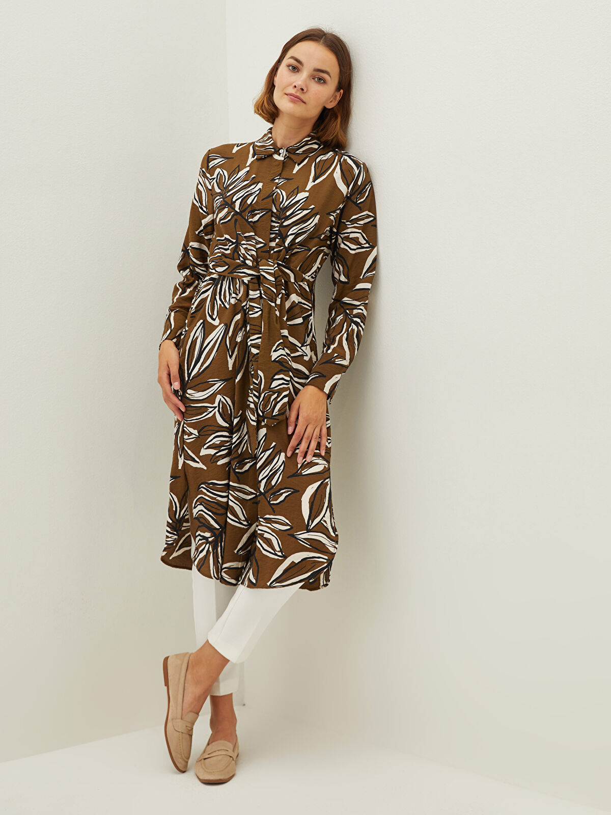 MODEST Düğmeli Gömlek Yaka Desenli Uzun Kollu Kadın Tunik