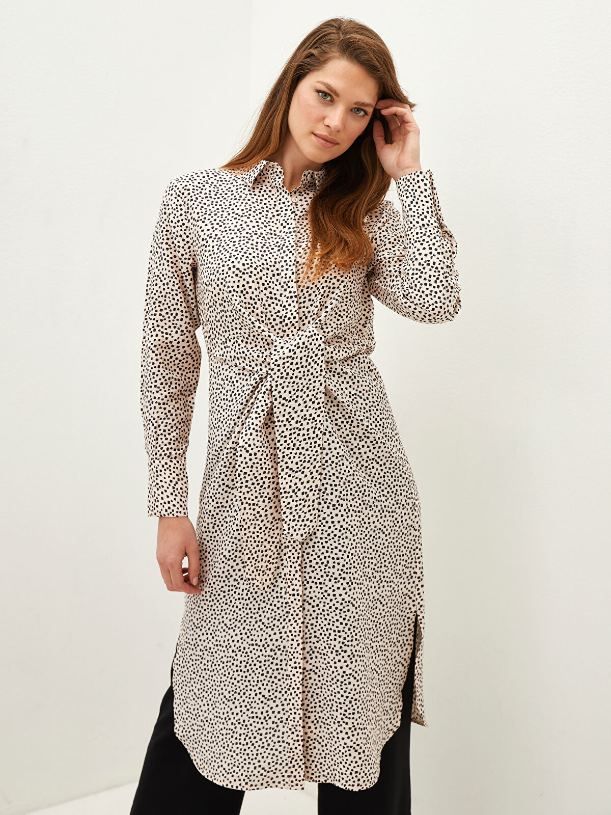 MODEST Düğmeli Gömlek Yaka Desenli Uzun Kollu Kadın Tunik