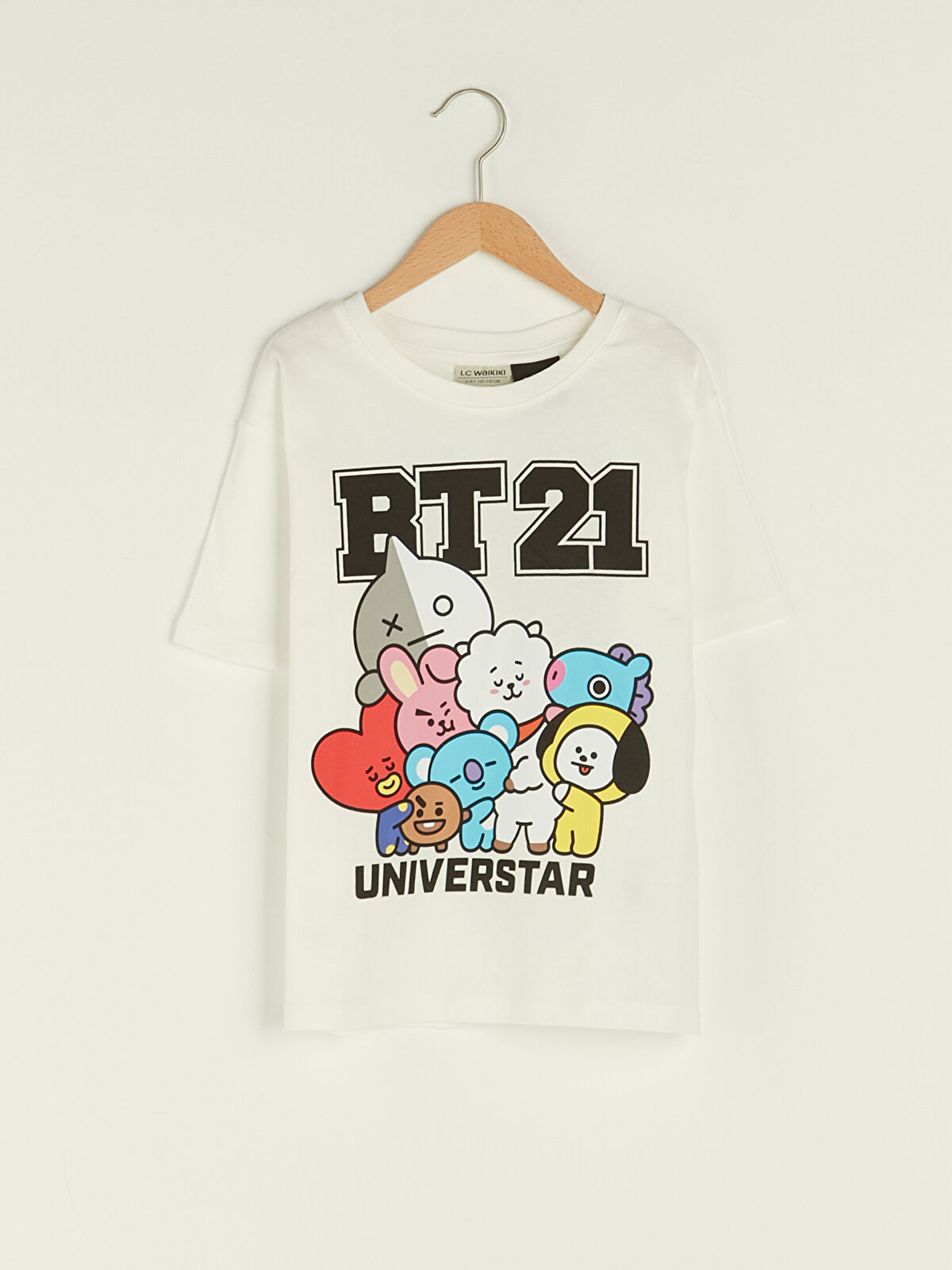 Bisiklet Yaka BT21 Universtar Baskılı Kısa Kollu Pamuklu Kız Çocuk Tişört