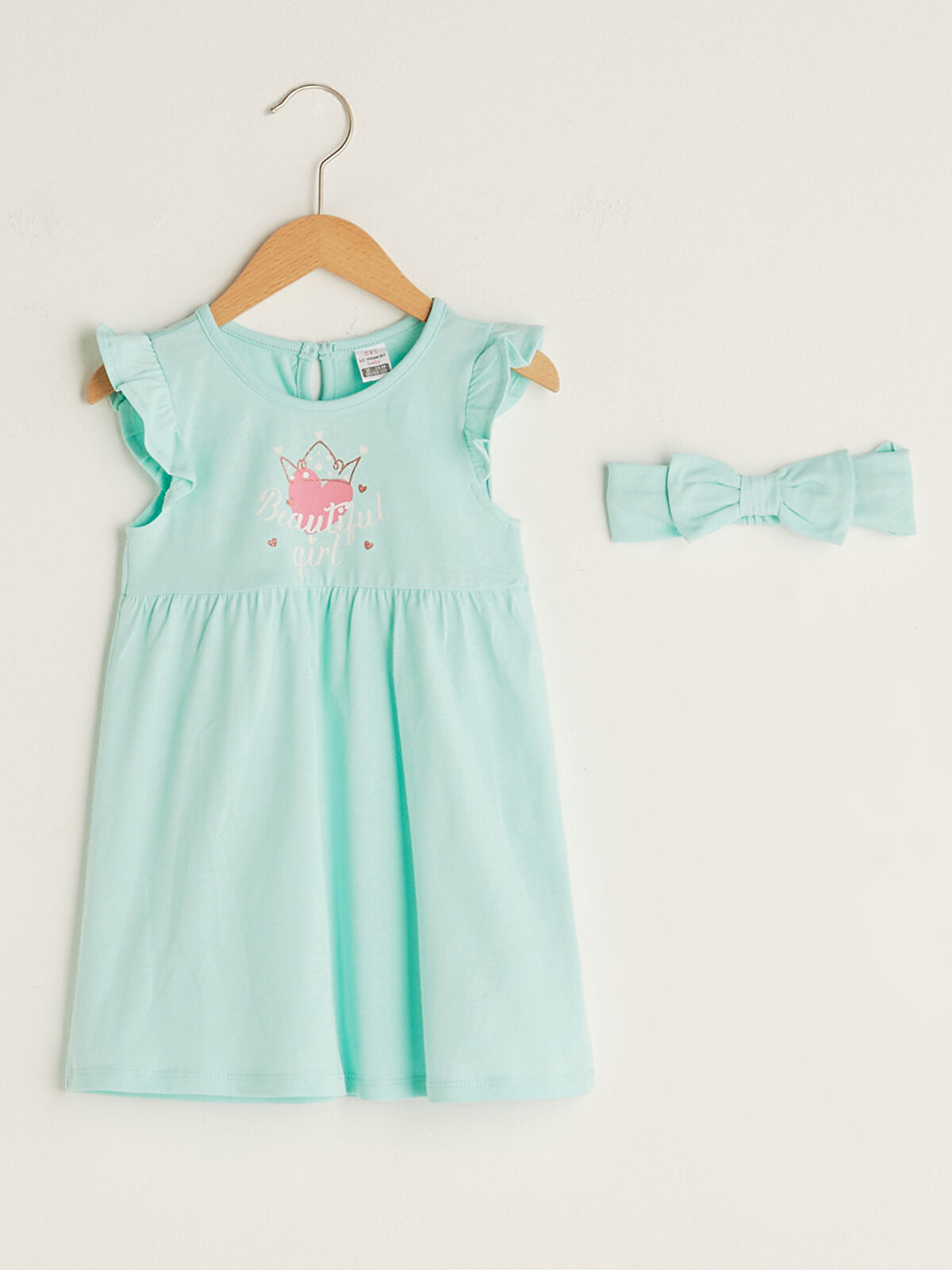 Bisiklet Yaka Kısa Kollu Baskılı Pamuklu Kız Bebek Elbise ve Saç Bandı 2'li Takım