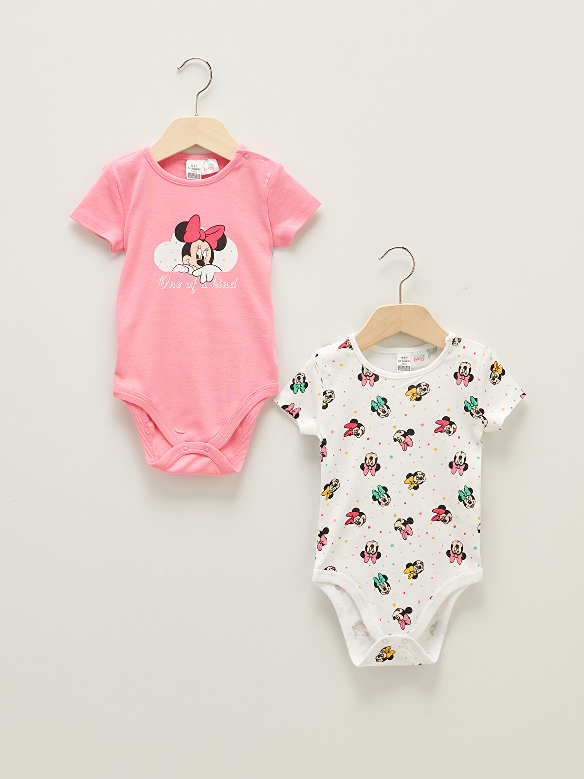 Bisiklet Yaka Kısa Kollu Minnie Mouse Baskılı Pamuklu Kız Bebek Çıtçıtlı Body 2'li