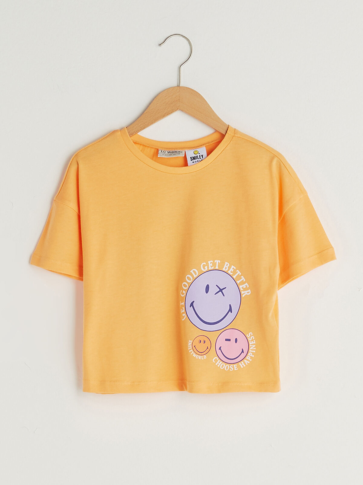 Bisiklet Yaka Smiley Baskılı Kısa Kollu Pamuklu Kız Çocuk Tişört Bisiklet Yaka Smiley Baskılı Kısa Kollu Pamuklu Kız Çocuk Tişört