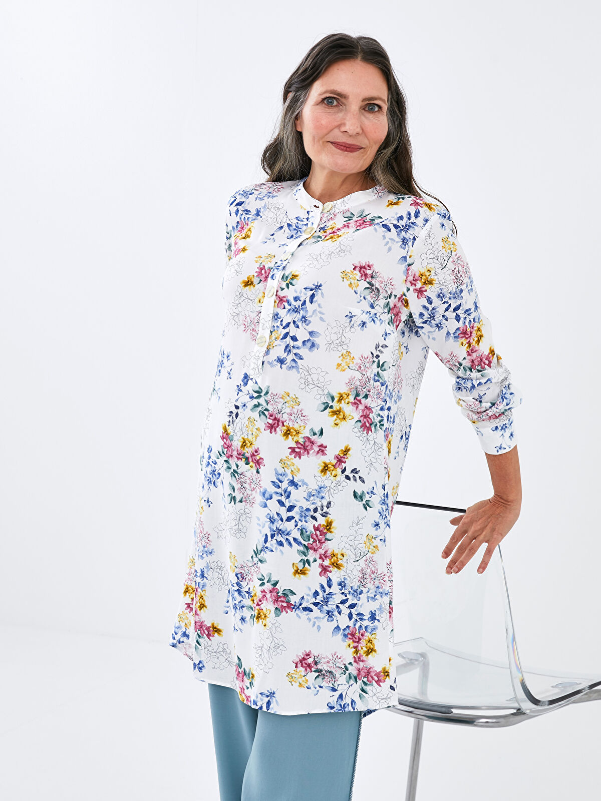 LCW GRACE Hakim Yaka Çiçek Baskılı Uzun Kollu Viskon Kadın Tunik