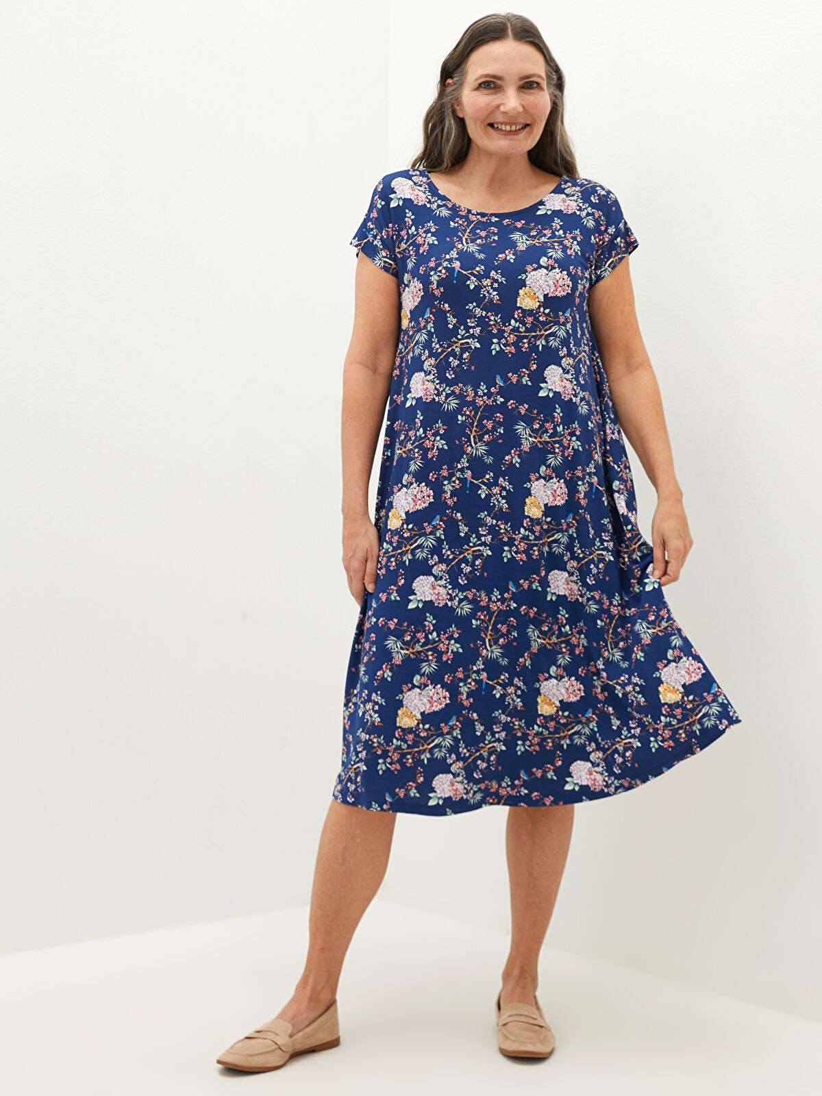 LCW GRACE Bisiklet Yaka Desenli A Kesim Kısa Kollu Kadın Elbise