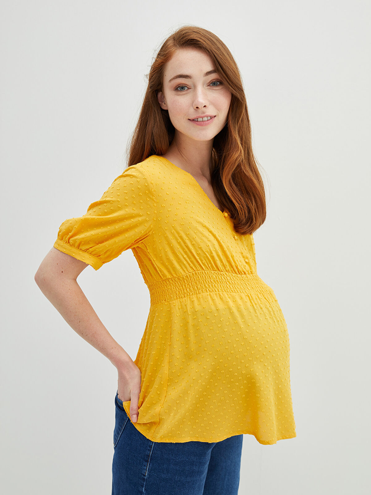 V Yaka Desenli Kısa Kollu Viskon Hamile Bluz