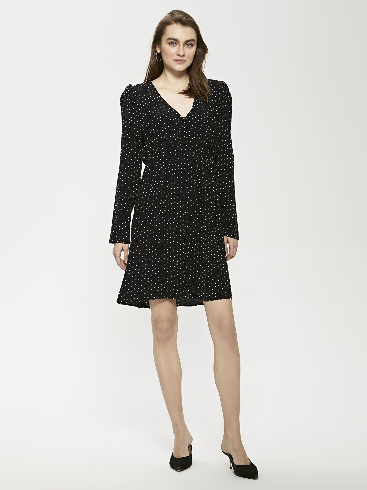 LCW VISION V Yaka Desenli Uzun Kollu Maroken Kumaş Kadın Elbise