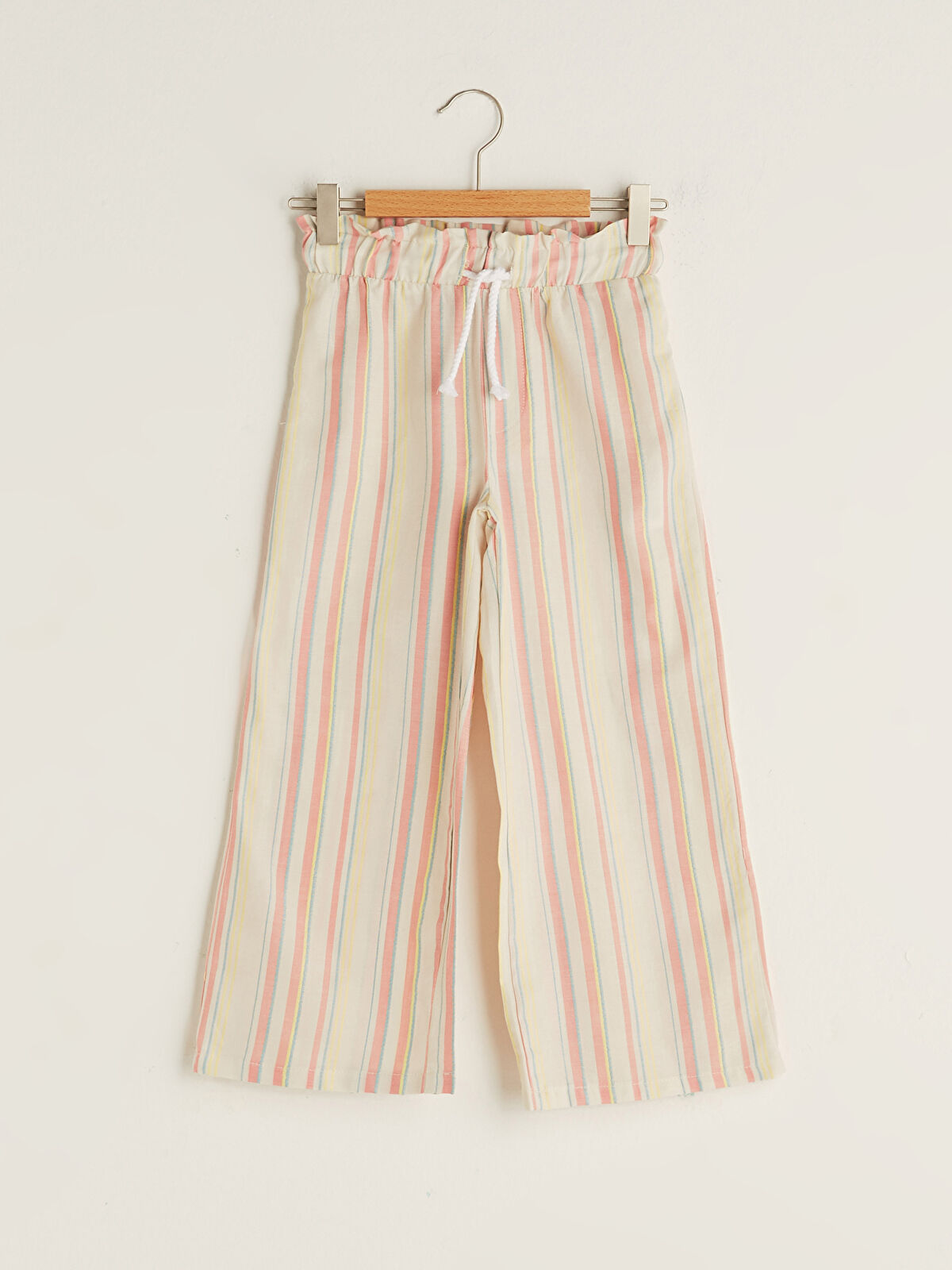 Beli Lastikli Çizgili Geniş Paça Pamuklu Kız Çocuk Pantolon