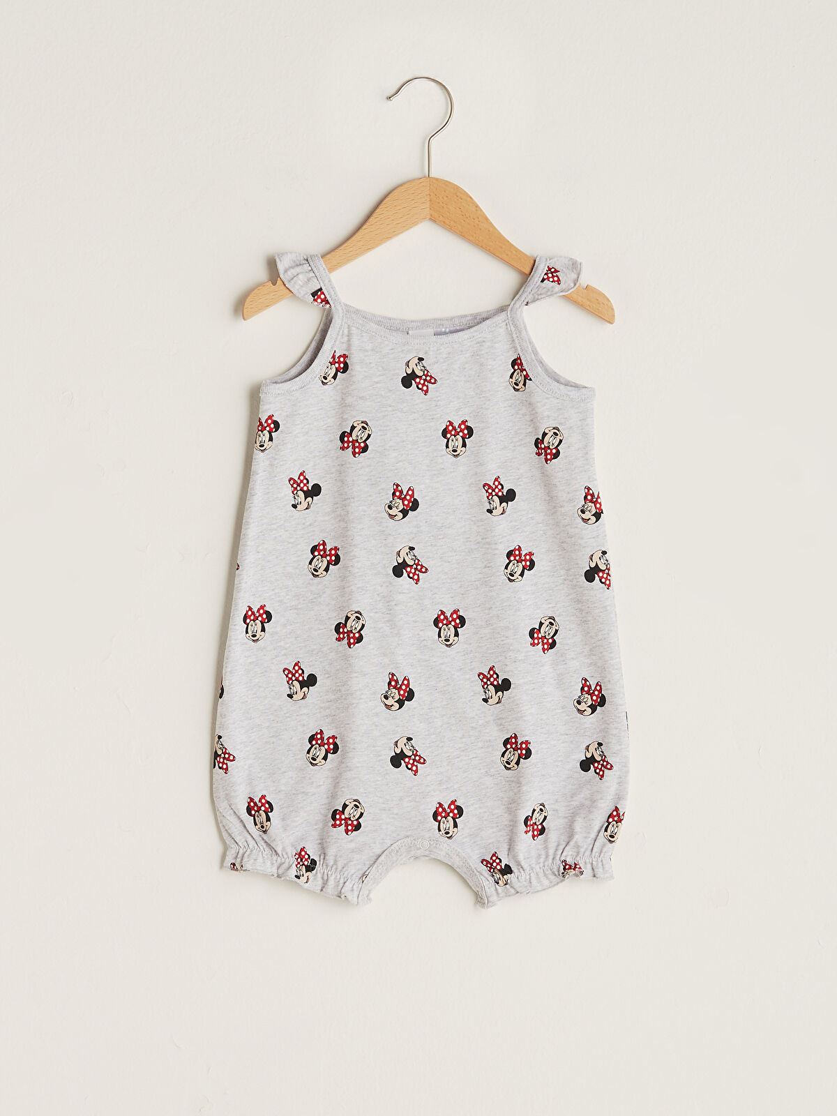 Kare Yaka Askılı Minnie Mouse Baskılı Kız Bebek Tulum