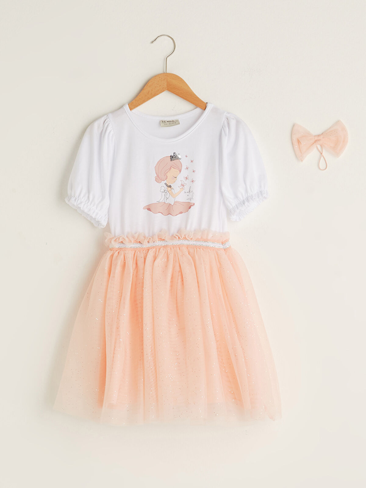 Bisiklet Yaka Baskılı Kısa Kollu Tül Detaylı Kız Çocuk Elbise ve Toka