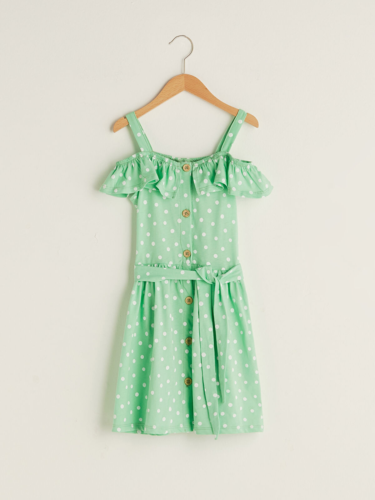 Kare Yaka Puantiyeli Askılı Kız Çocuk Elbise