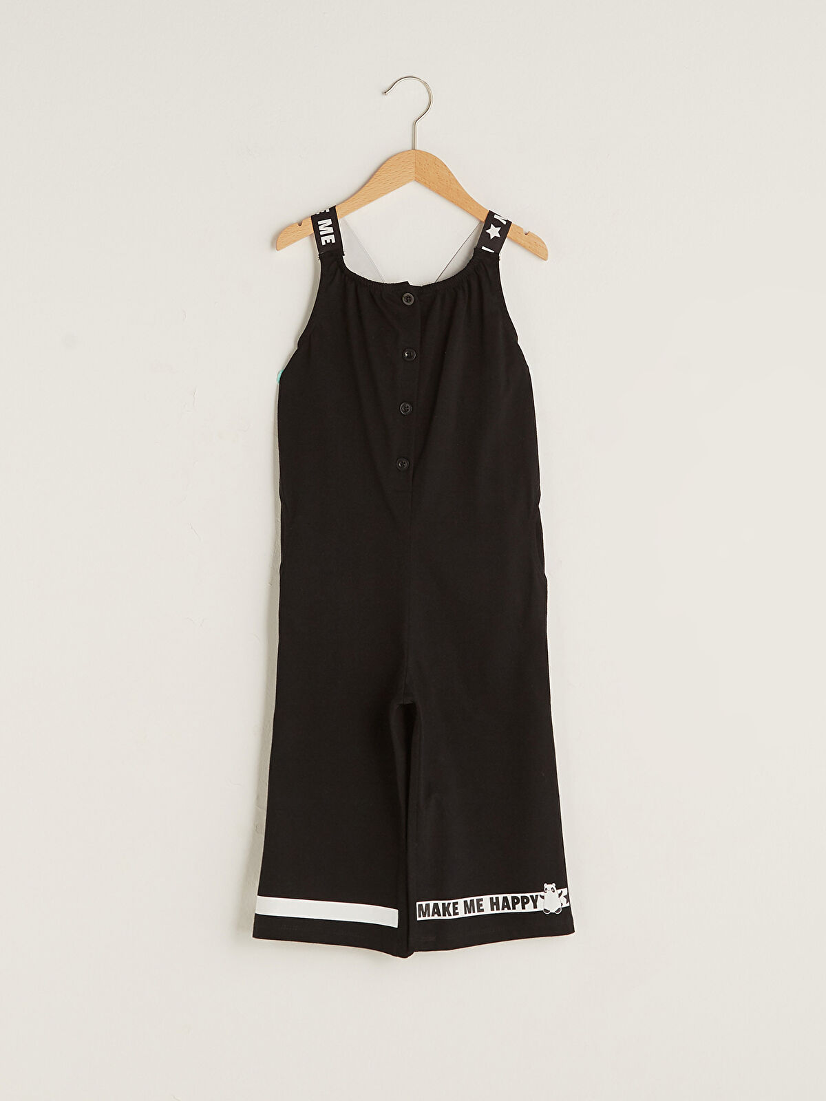 Kare Yaka Slogan Yazı Baskılı Askılı Kız Çocuk Tulum