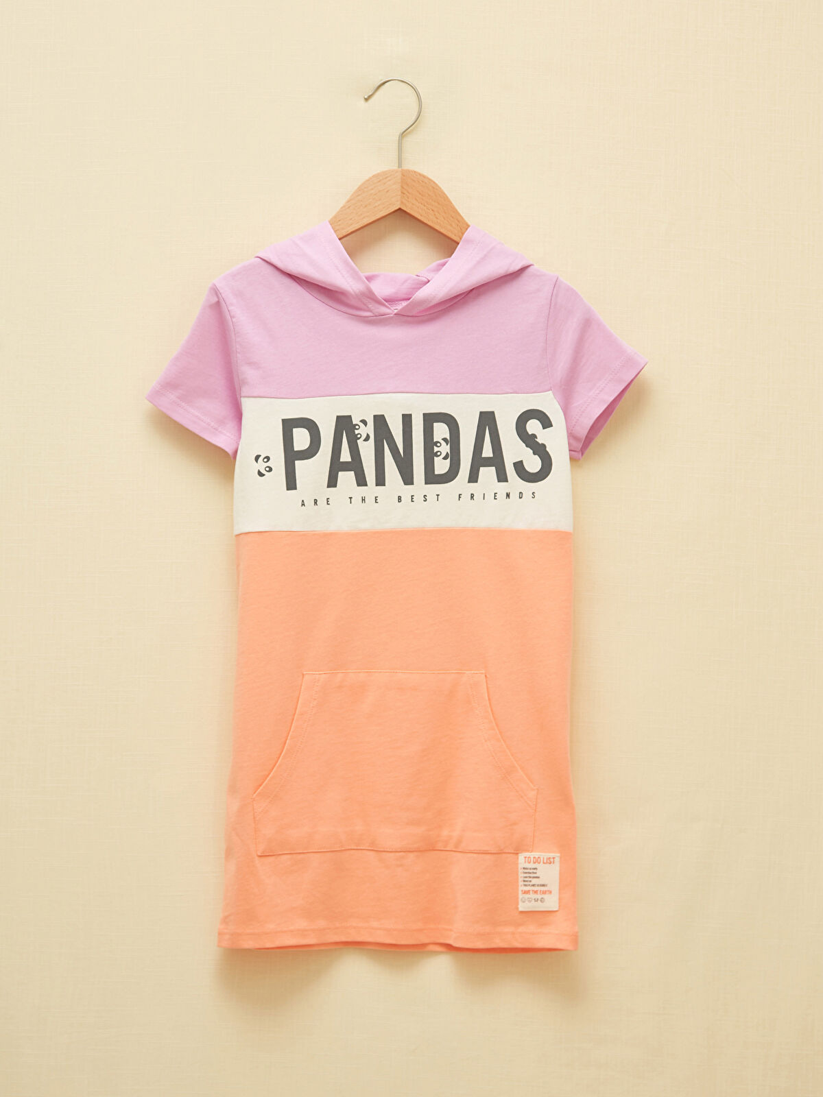 Kapüşonlu Baskılı Kısa Kollu Organik Pamuklu Kız Çocuk Elbise