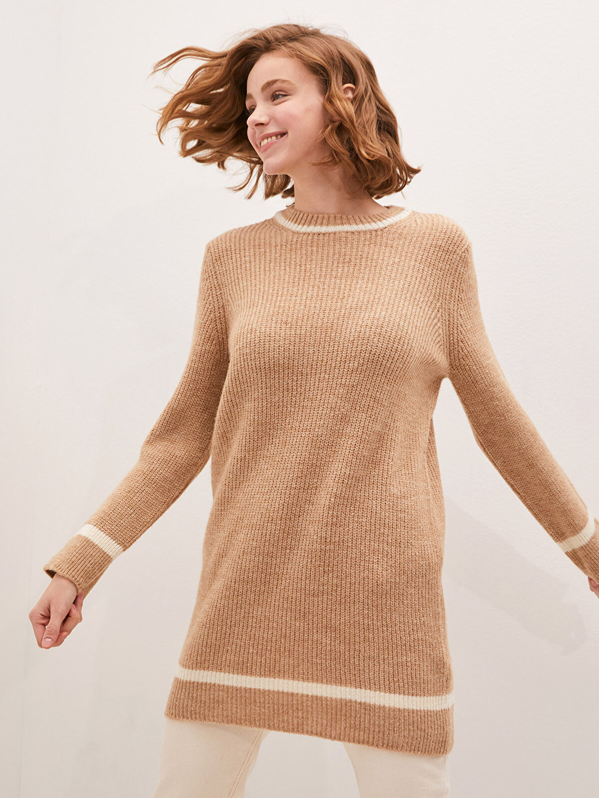 MODEST Bisiklet Yaka Renk Bloklu Uzun Kollu Kadın Triko Tunik