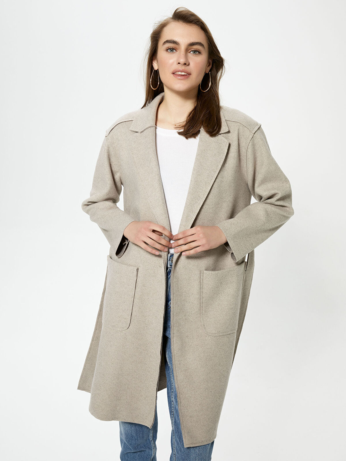 LCW CLASSIC Ceket Yaka Beli Kuşaklı Cep Detaylı Uzun Kollu Kadın Kaşe Kaban